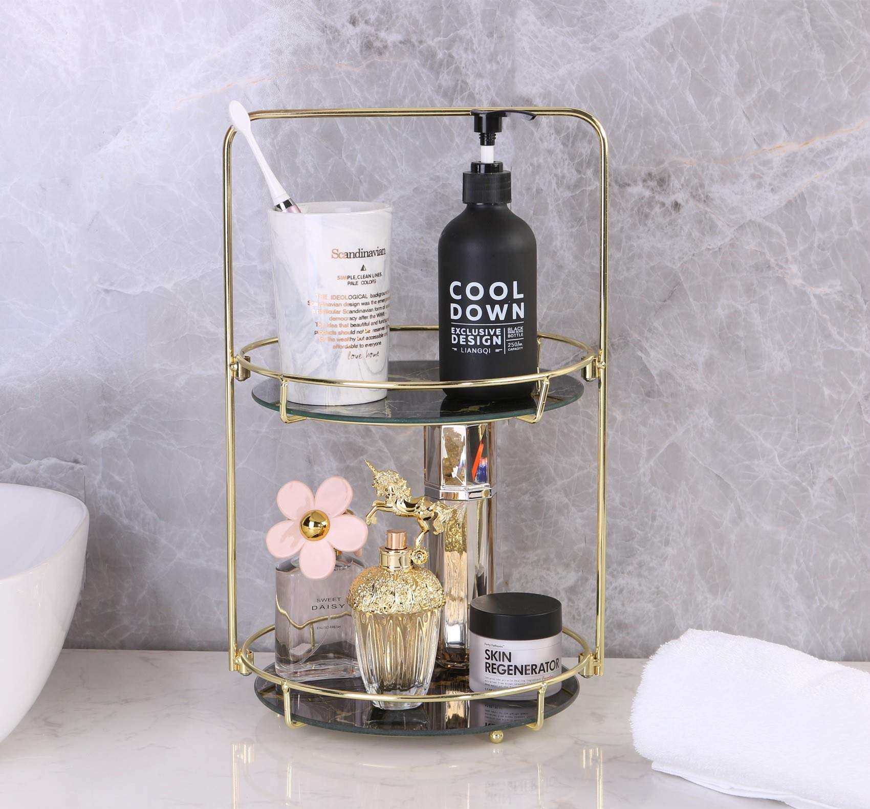 Simmer Stone Makeup Organizer Shelf, 2 Tier Cosmetic Storage Basket with Removable Glass Tray, Round Wire Vanity Organizer Rack for Dresser, Countertop, Bathroom and More, Gold