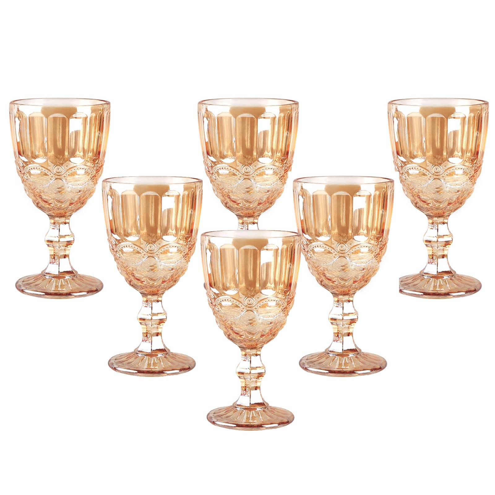 Vintage Wine Glasses Set of 6, 10 Ounces Colored Glass Water Goblets, Unique Embossed Pattern High Clear Stemmed Glassware Wedding Party Bar Drinking Cups Floral Golden Amber