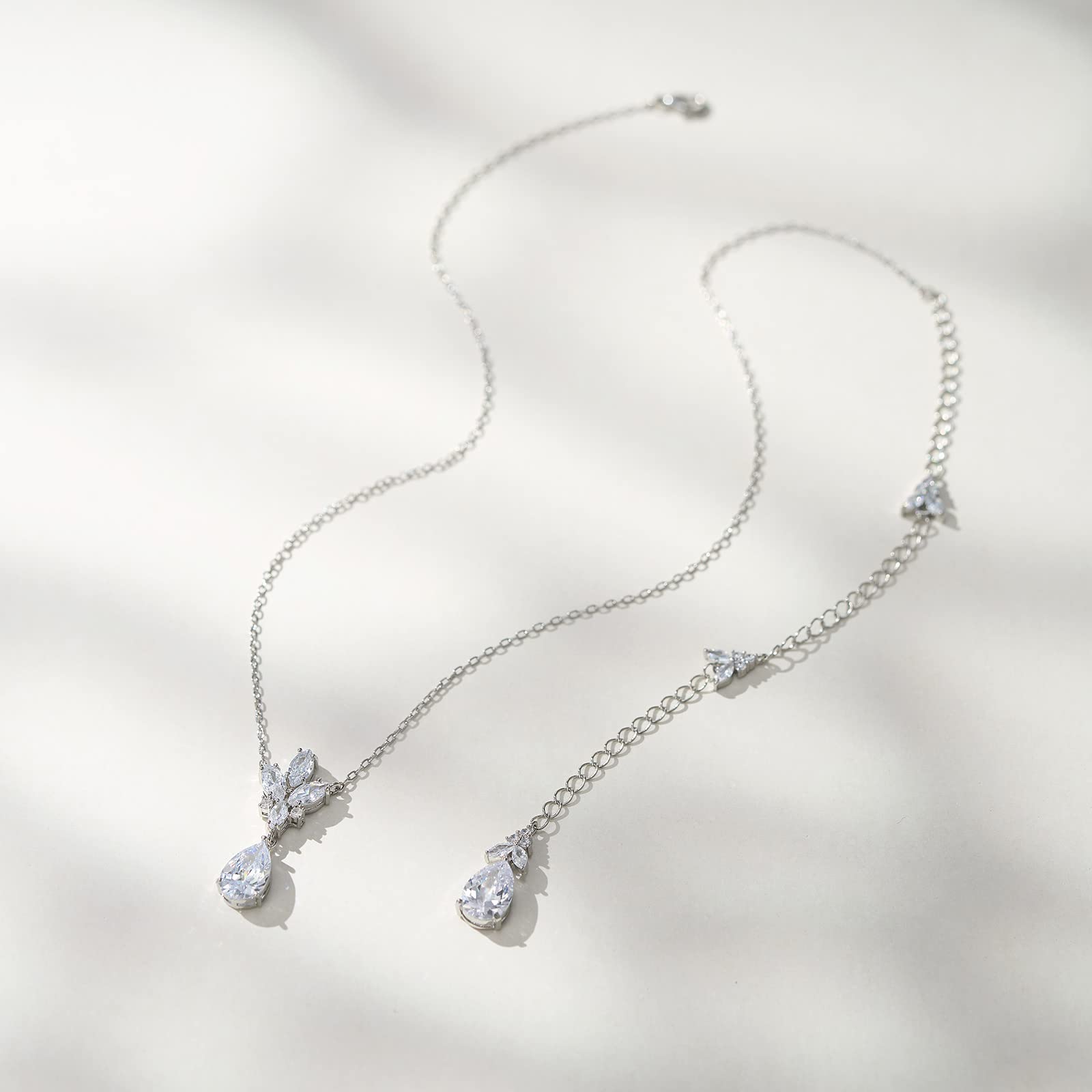 SWEETV Teardrop Wedding Backdrop Necklace for Bride Bridesmaids, Cubic Zirconia Crystal Back Pendant Bridal Necklace for Party Wedding