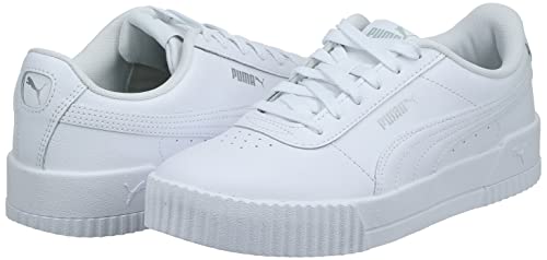 PUMA Womens Carina Leather Sneaker, PUMA Womens White-PUMA Womens White-PUMA Womens Silver, 6.5