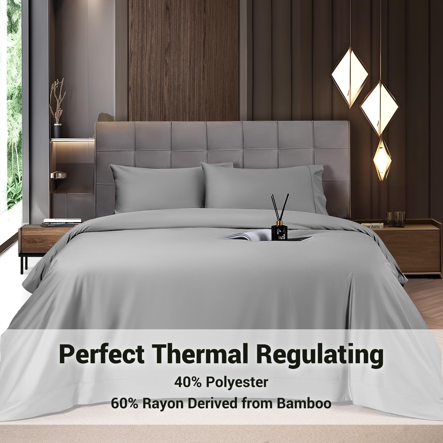 Shilucheng 4-Piece King Size Sheets Set,Blend of Rayon Derived from Bamboo_Sheets,Cooling & Breathable Bed Sheets, Silky Bedding Sheets & Pillowcases, 16 Inch Deep Pockets (King,Grey)