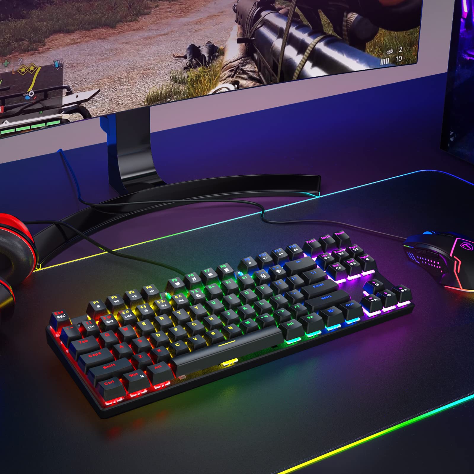 YoChic Mechanical Gaming Keyboard LED Rainbow BacklitWired Keyboard with Blue Switches 87 Keys,Full-Key Rollover,Ergonomic Water-Resistant Computer for Windows PC Mac Gamer