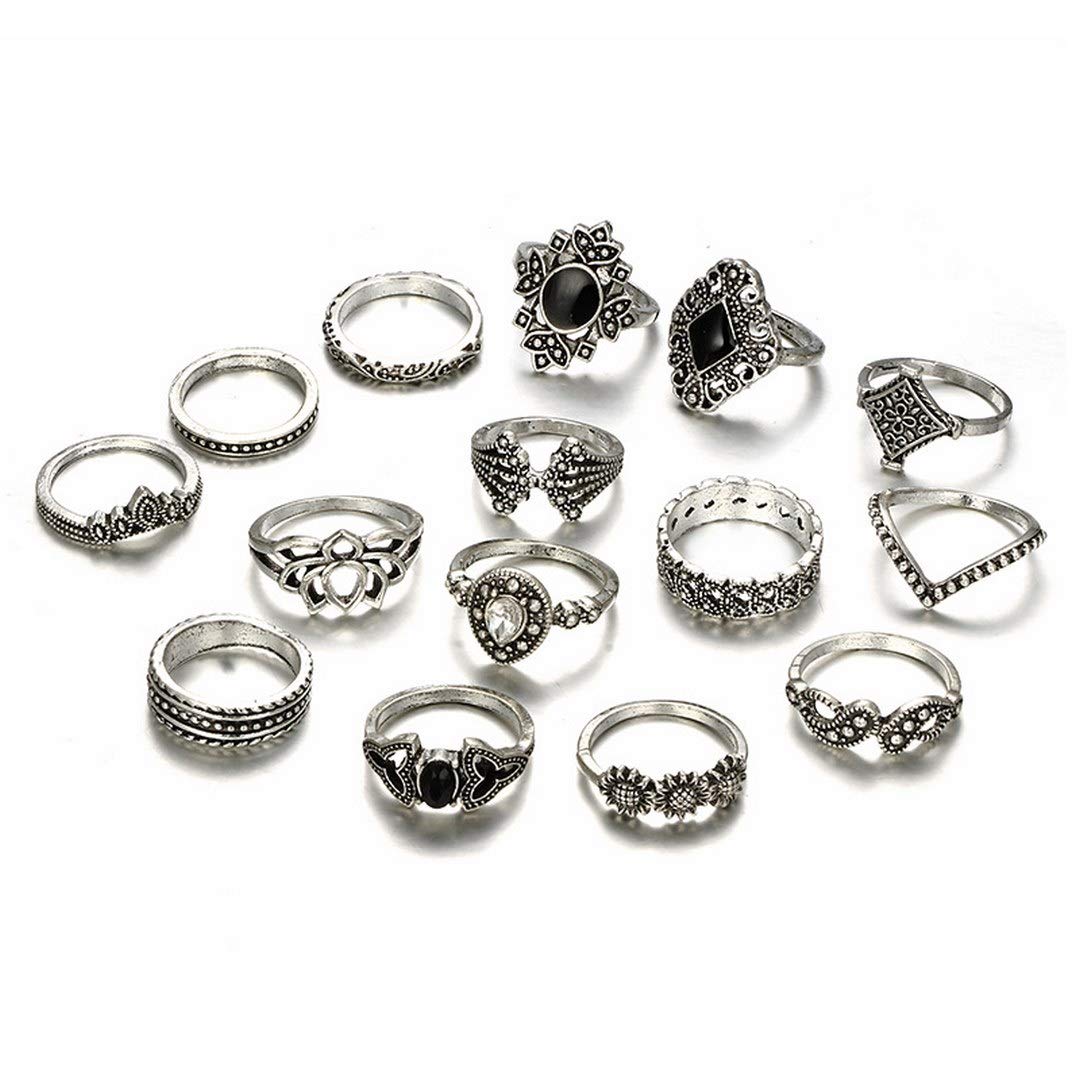 Vinzar Boho Rings Silver Stackable Finger Rings Set Black Onyx Knuckle Joint Midi Ring Jewelry Sunflower Crystal Vintage Hand Accessories for Women