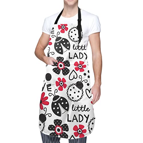 Valentine's Day Love Flower Kitchen Apron -Little Ladybug Cooking Bib Aprons Waterproof Chef Apron for Grilling Baking Gardening Adjustable Neck Strap