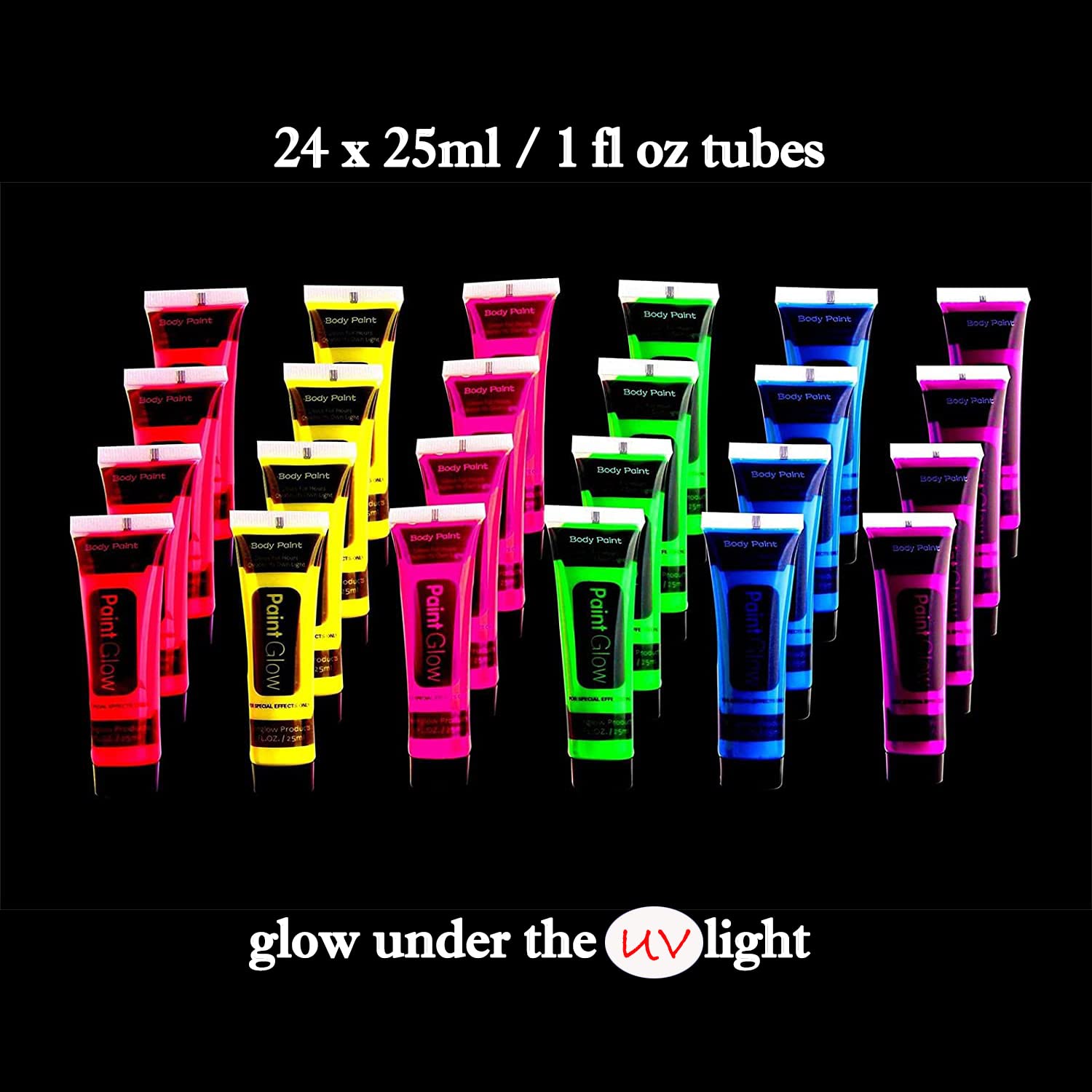 Quiet&Far Body Paint Set with tubes 24 x 25 ml / 1 fl oz Neon Glow in the dark paint face paint Blacklight Reactive Fluorescent Paint Non-Toxic