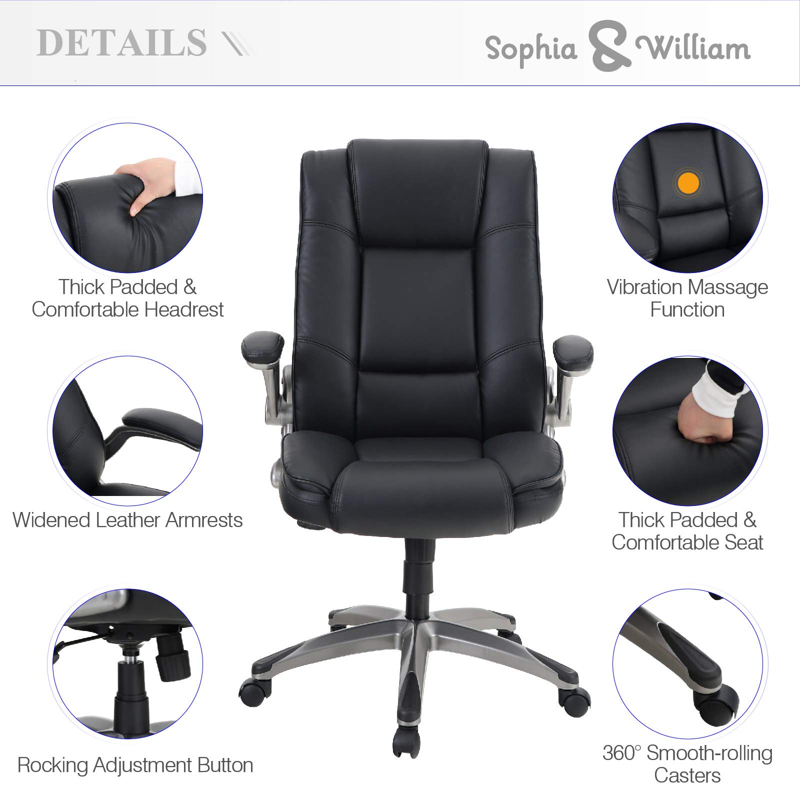 Sophia & William PU Leather Rocking Home Office Desk Chair High Back, Modern 360° Swivel Executive Computer Chair with Flip-up Armrests, Load Capacity: 300 lbs