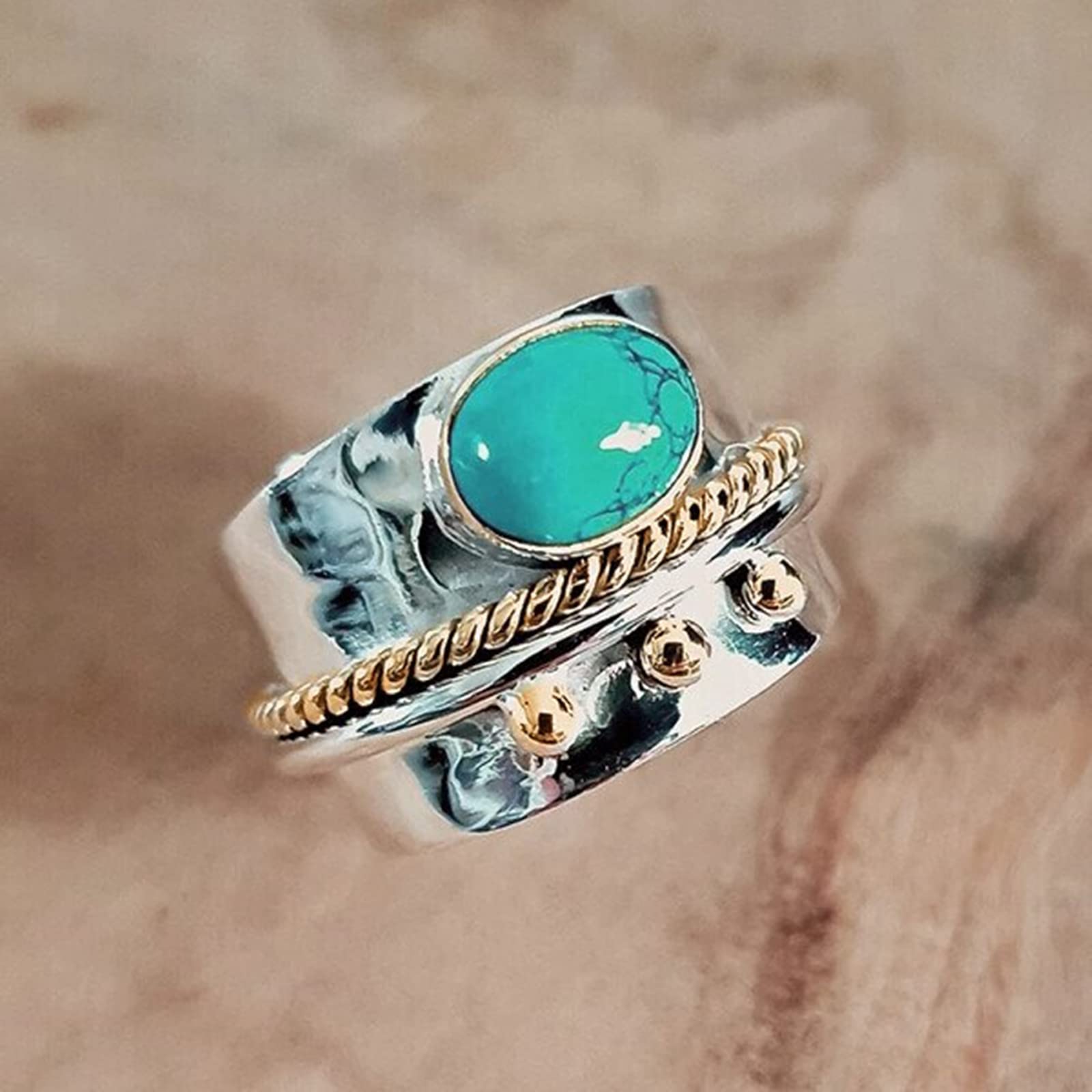 XLAQ Turquoise Wide Band Ring, Boho Vintage Two Tone Ring, Exquisite Rings Gift for Festival Birthday Anniversary (US10)