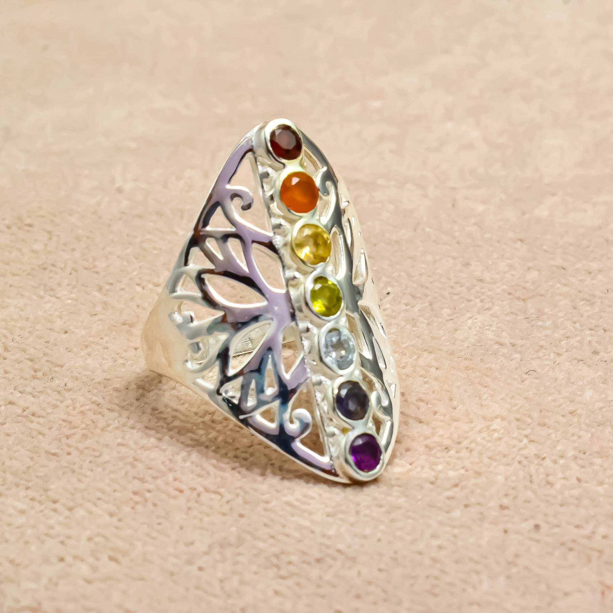 Silver Palace Healing Chakra Gemstone 925 Sterling Silver Long Finger Ring For Women Ring Size 5 to 12