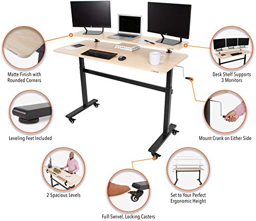 Stand Steady Tranzendesk | 55 Inch Standing Desk with Clamp On Shelf & Detachable Wheels | Crank Height Adjustable Sit to Stand Workstation | Monitor Riser Supports 3 Screens (55 in / Maple)