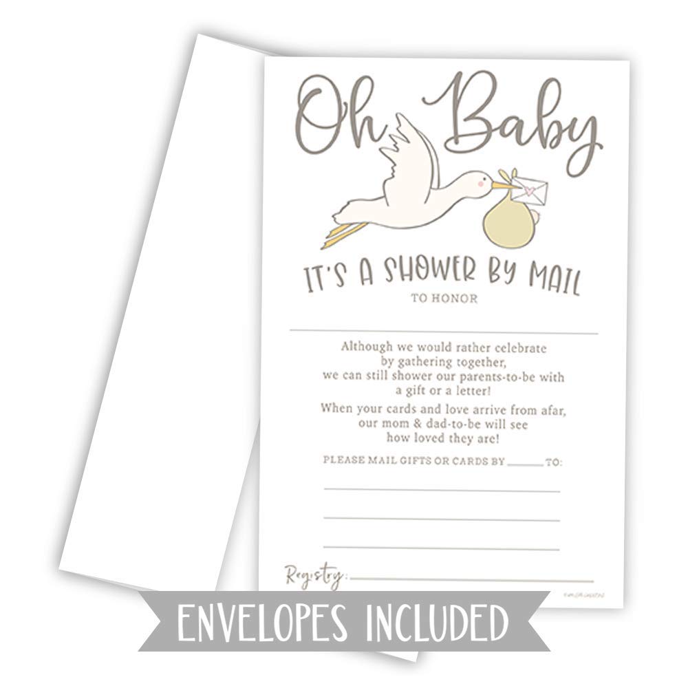 Shower by Mail - Stork with Envelope Design - Gender Neutral Baby Shower Invitations (20 Count) with Envelopes