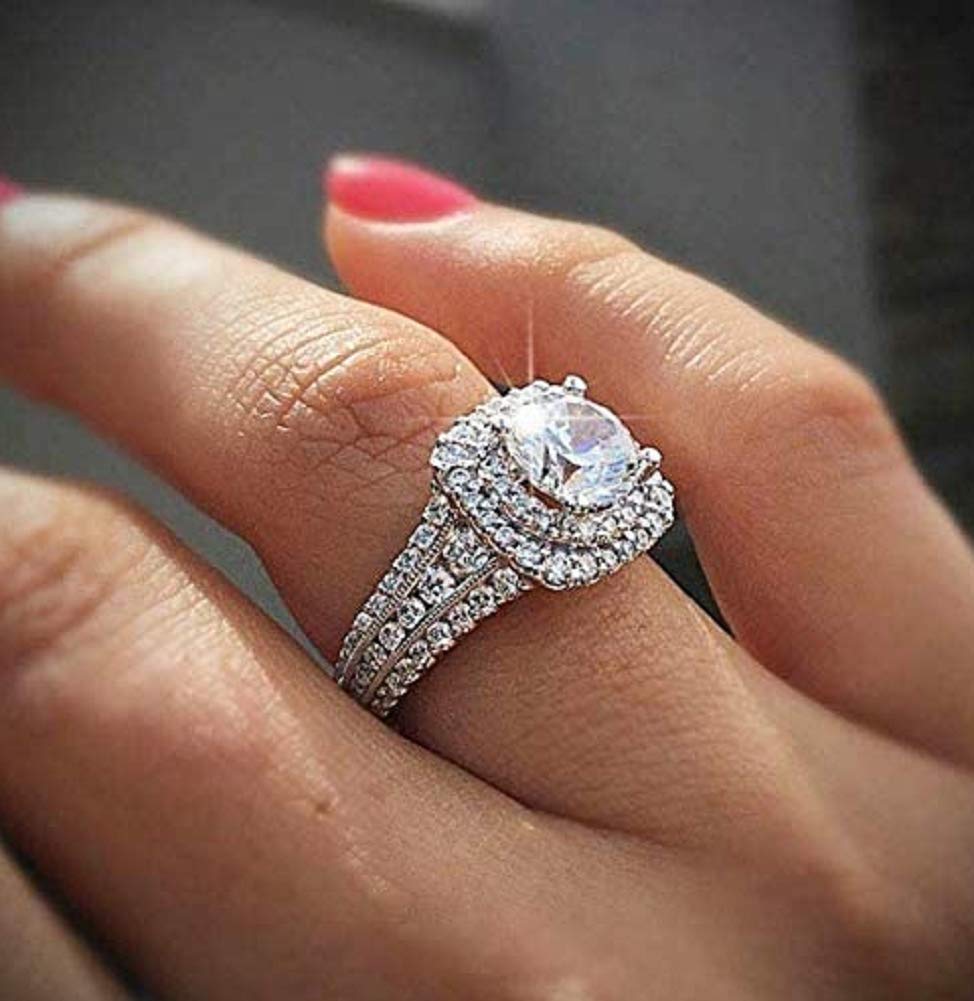 Wenbin New Princess Square Simulation Diamond Ring Double-Layer Super-Flash Zircon Ring Cubic Zirconia Promise Halo Engagement Wedding Band Ring for Women Size 6-10" (US 8)
