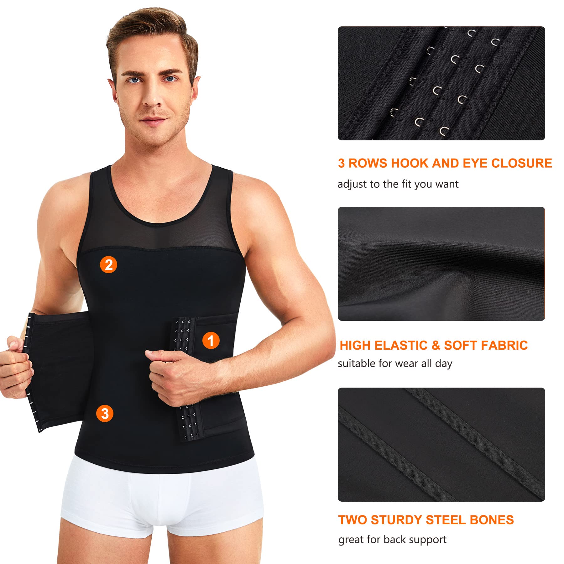 Wonderience Compression Shirts for Men Slimming Body Shaper Waist Trainer Tank Top Vest with Hooks(Black,2X-Large)
