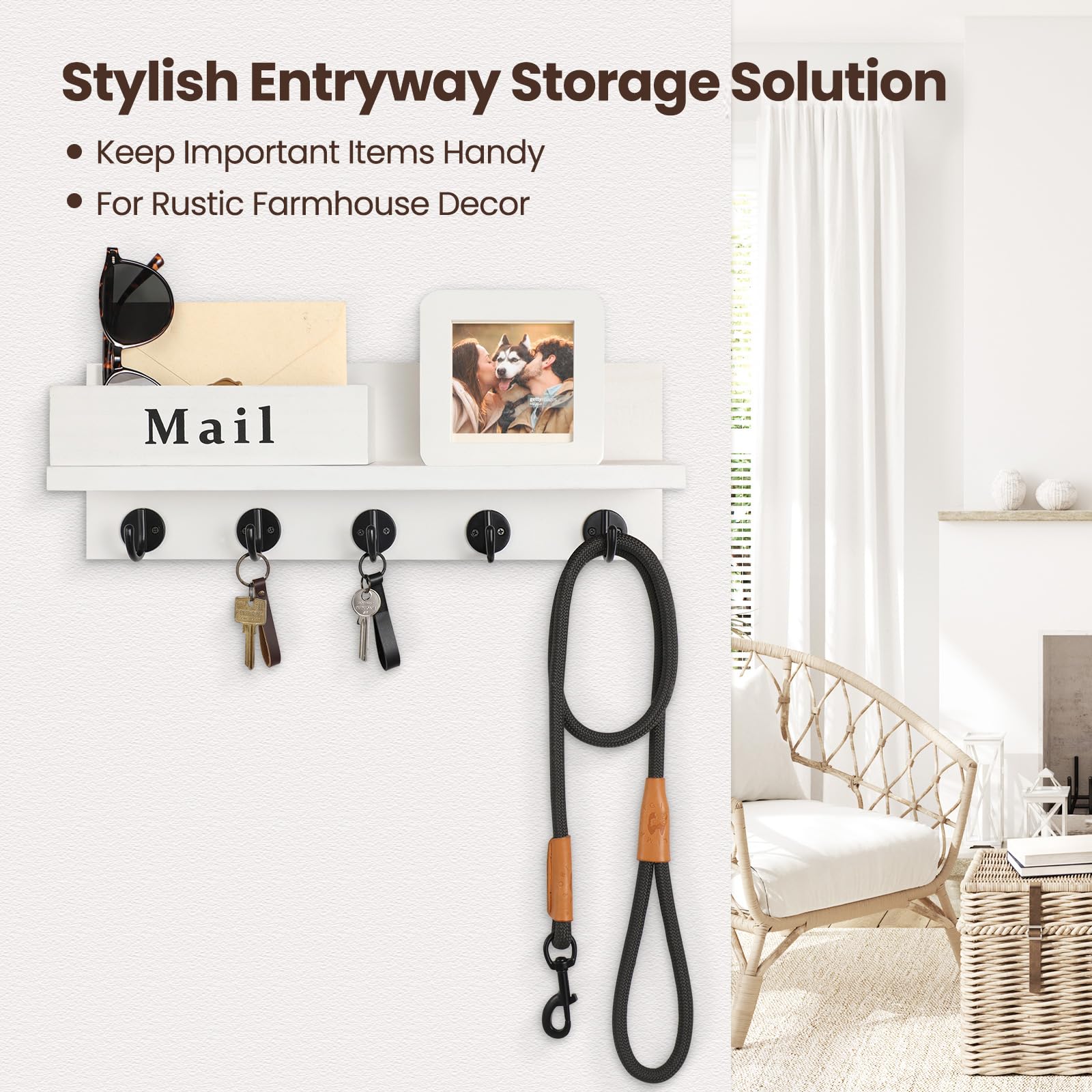 Nekon Key Holder for Wall - 15.7" x 5.3" x 3.5" Decorative Mail Organizer Wall Shelf with Hooks - Sturdy Paulownia Wood with 5 Thick Hooks for Rustic Home Décor (White)