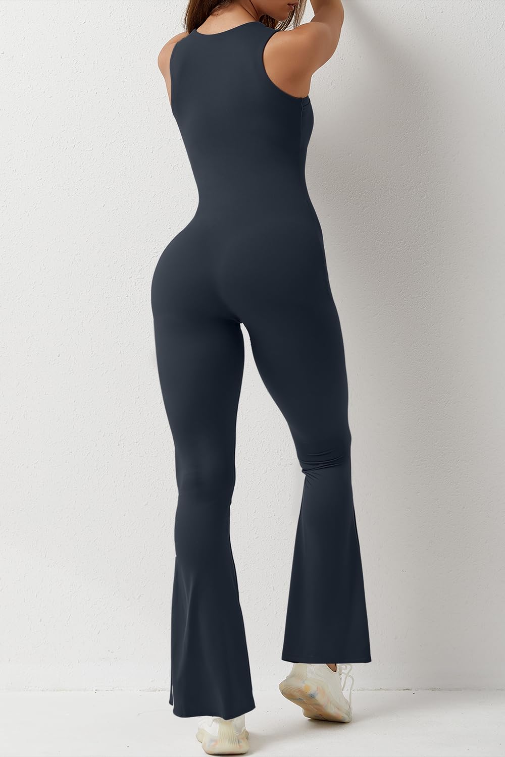 QINSEN Woman's Stretch Square Neck Long Pants Jumpsuit Slimming Fit Curvy Flare One Piece Outfits Romper Grey Navy M
