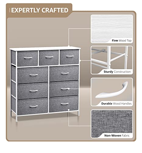 Sorbus Dresser with 9 Drawers - Furniture Storage Chest Tower Unit for Bedroom, Hallway, Closet, Office Organization - Steel Frame, Wood Top, Easy Pull Fabric Bins (White)