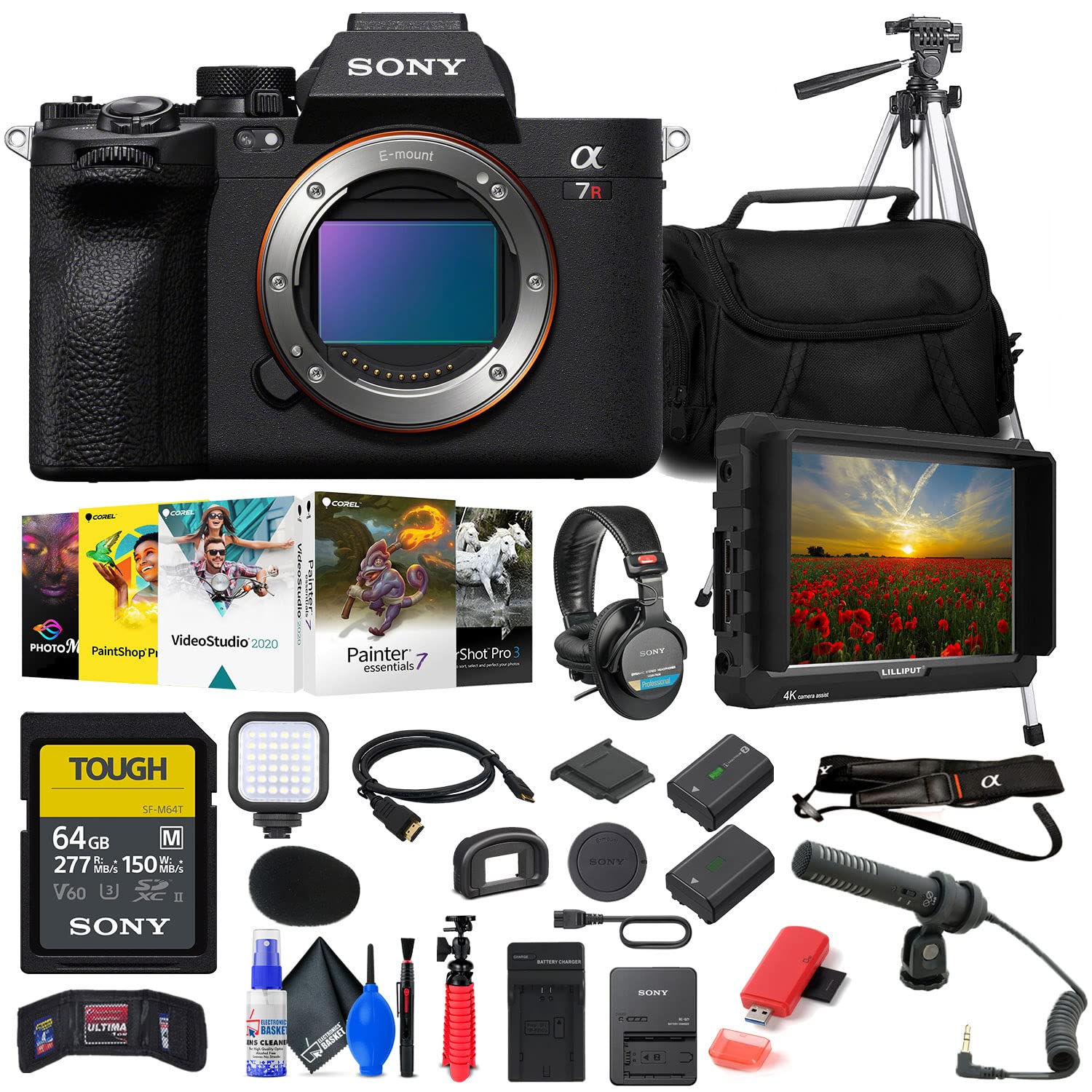 Sony a7R V Mirrorless Camera (ILCE7RM5/B) + 4K Monitor + Headphones + Pro Mic + 64GB Card + Corel Photo Software + Pro Tripod + Bag + NP-FZ100 Compatible Battery + External Charger + More (Renewed)