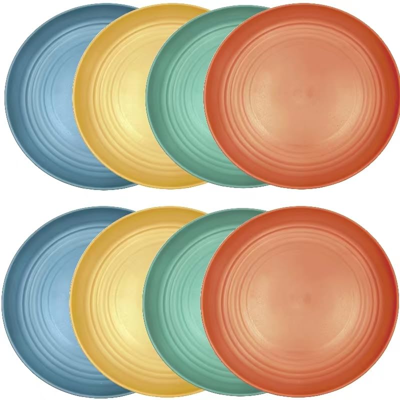 Vokop 8 Pack Wheat Straw Dinner Plates,Unbreakable Reusable Deep Plate Set-Dishwasher & Microwave Safe,Perfect for Dinner Dishes,Healthy for Kids Children & Adult-Round, 4pcs 10in & 4pcs 8in