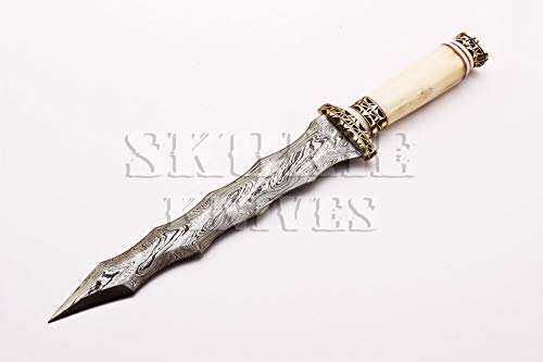 Skokie Knives HAND MADE DAMASCUS STEEL HUNTING DAGGER KNIFE WAVY BLADE WITH ORIGINAL CAMEL BONE