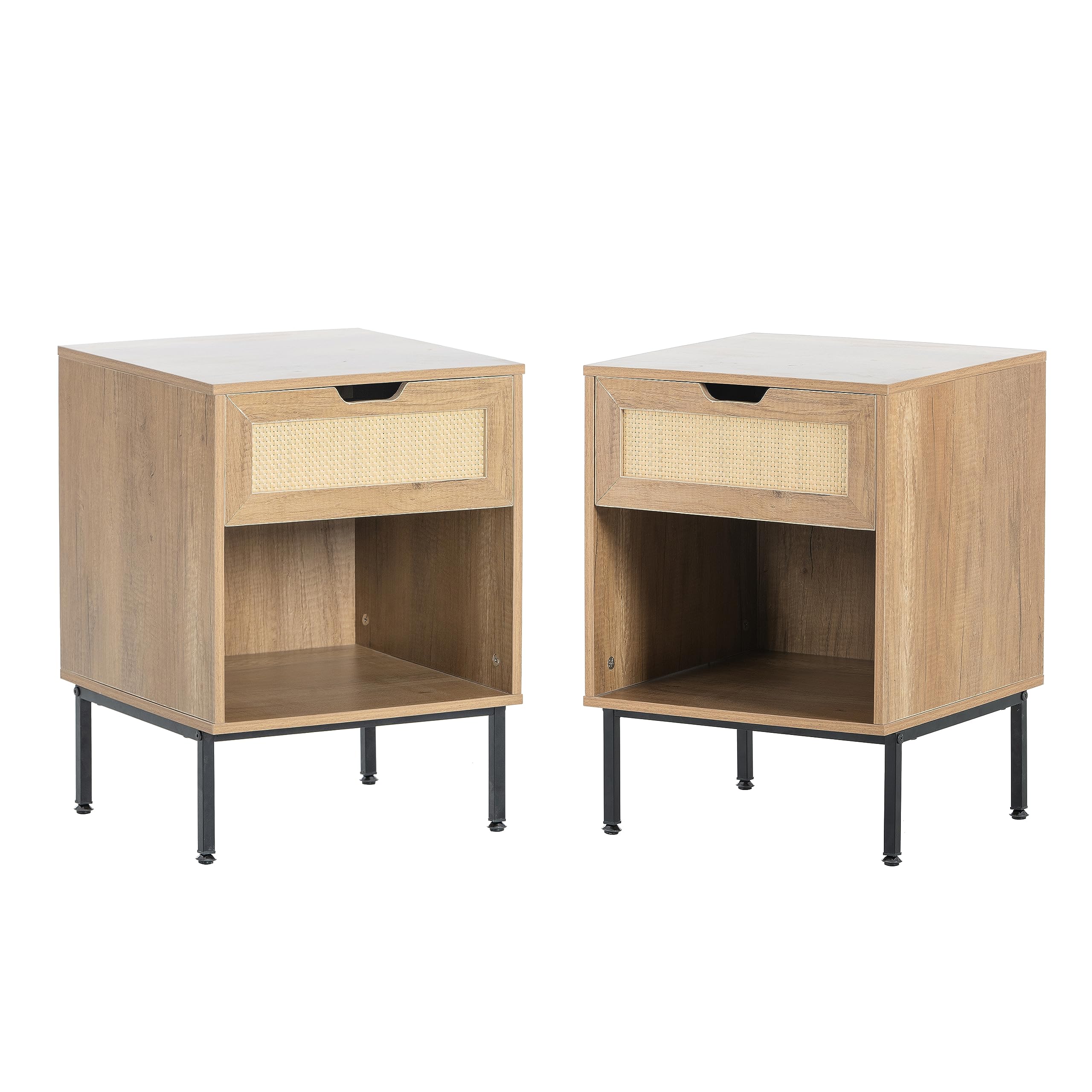 Rattan Nightstand Set of 2 Farmhouse 2 Layer Side Table Wood End Table Multifunction Bedside Table with Drawer & Adjustable Metal Legs for Bedroom Living Room