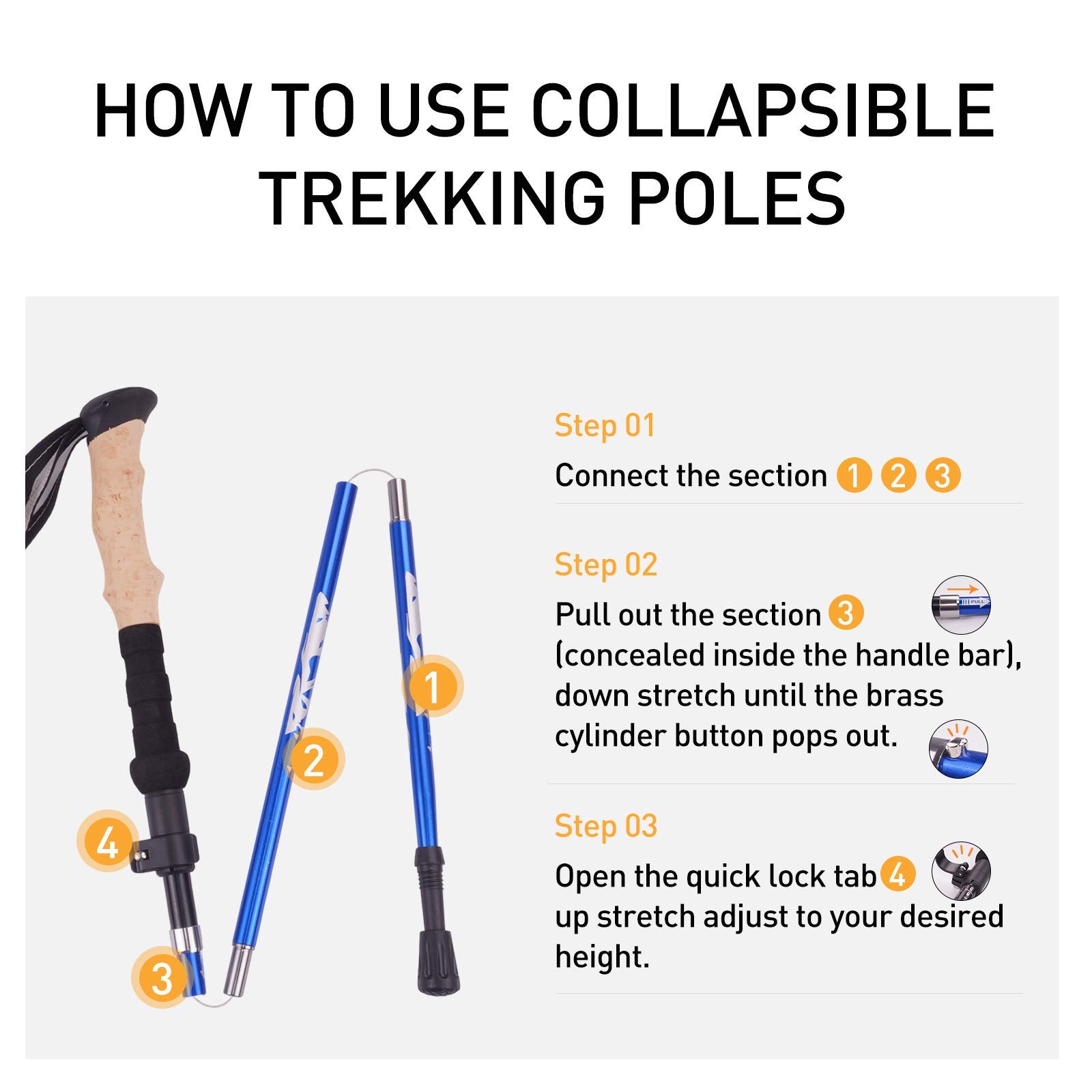 Trekking Poles - 1-pc Pack Adjustable Hiking or Walking Sticks - Strong, Aluminum 7075, Lightweight Collapsible with Quick Lock for Hiking, Trekking, Camping, Mountaining, Backpacking