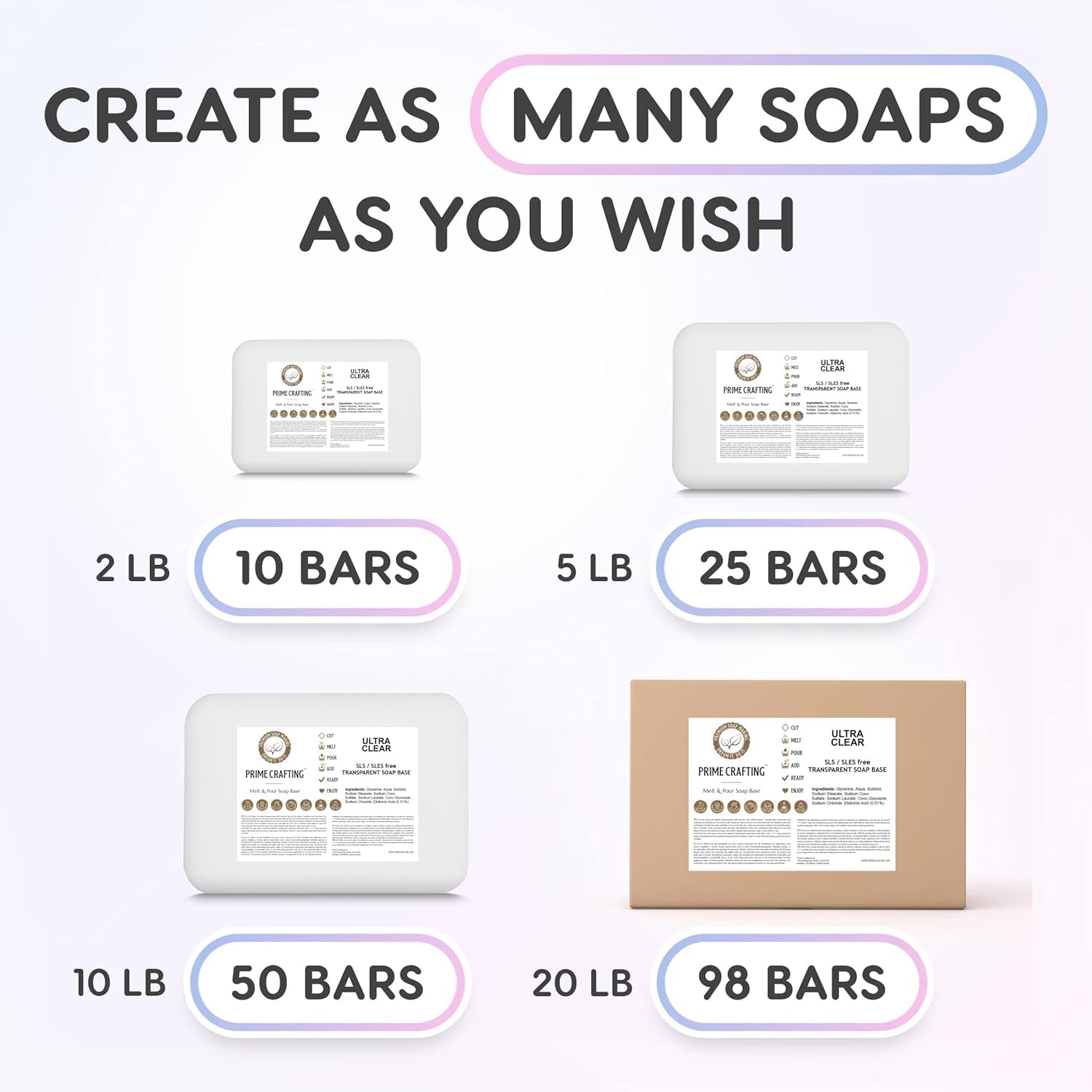 Prime Crafting 2 LB - Ultra Clear Glycerin Soap Base- SLS and SLES Free - Clear Melt and Pour Soap Base for Soap Making - Made from Premium Glycerin - Use with Soap Making Supplies - (2 Pound)