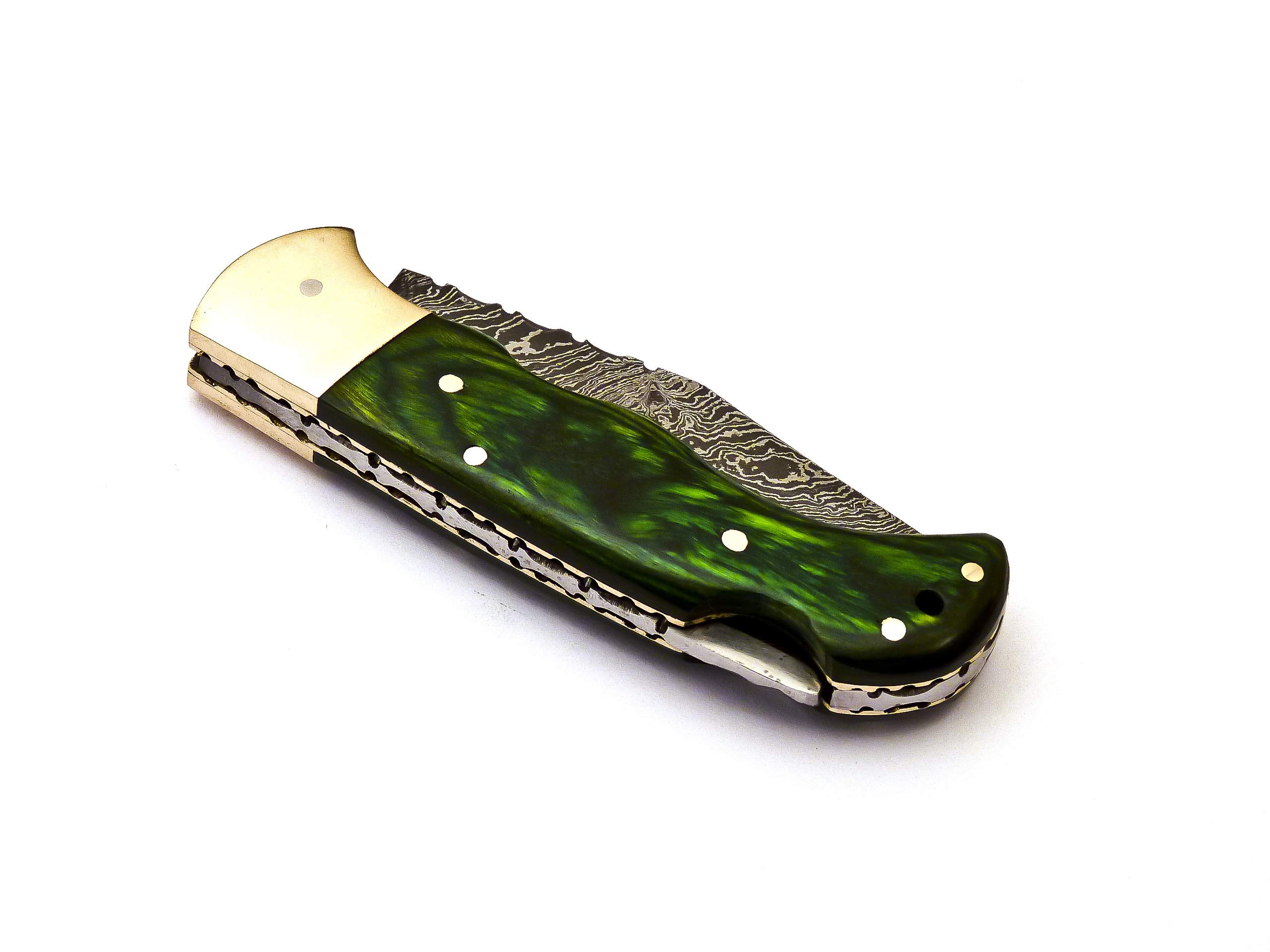 SkokieKnives Custom Hand Made Damascus Steel Hunting Folding Pocket Knife Handle Green Pakka Wood G