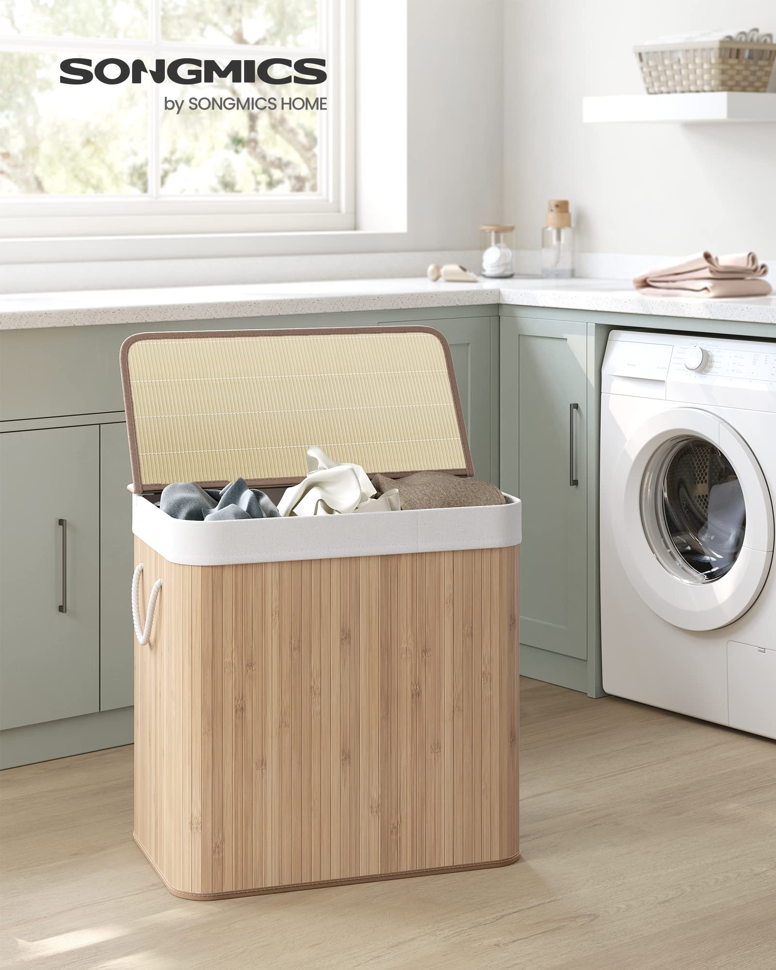 SONGMICS Laundry Hamper, 39.6 Gallons (150L), 3-Section Laundry Basket, Laundry Hamper with Lid, Bamboo, Foldable, Removable and Machine Washable Liner, for Laundry Room, Bedroom, Natural ULCB091N01