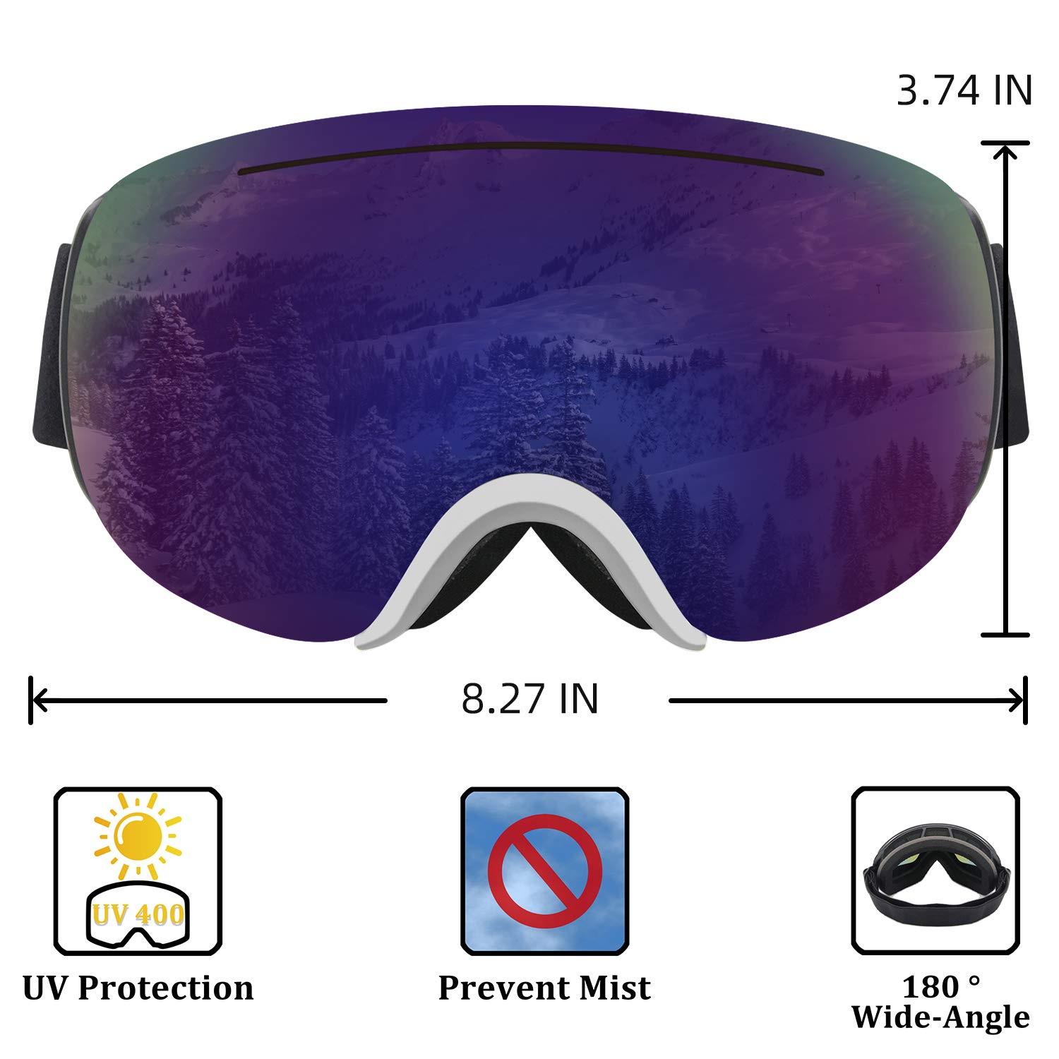 Ski Goggles Men & Women Single-Board Goggles OTG Design, Frameless Spherical Lens is Scratch-Resistant, Fog-Proof UV-Proof (Blue)