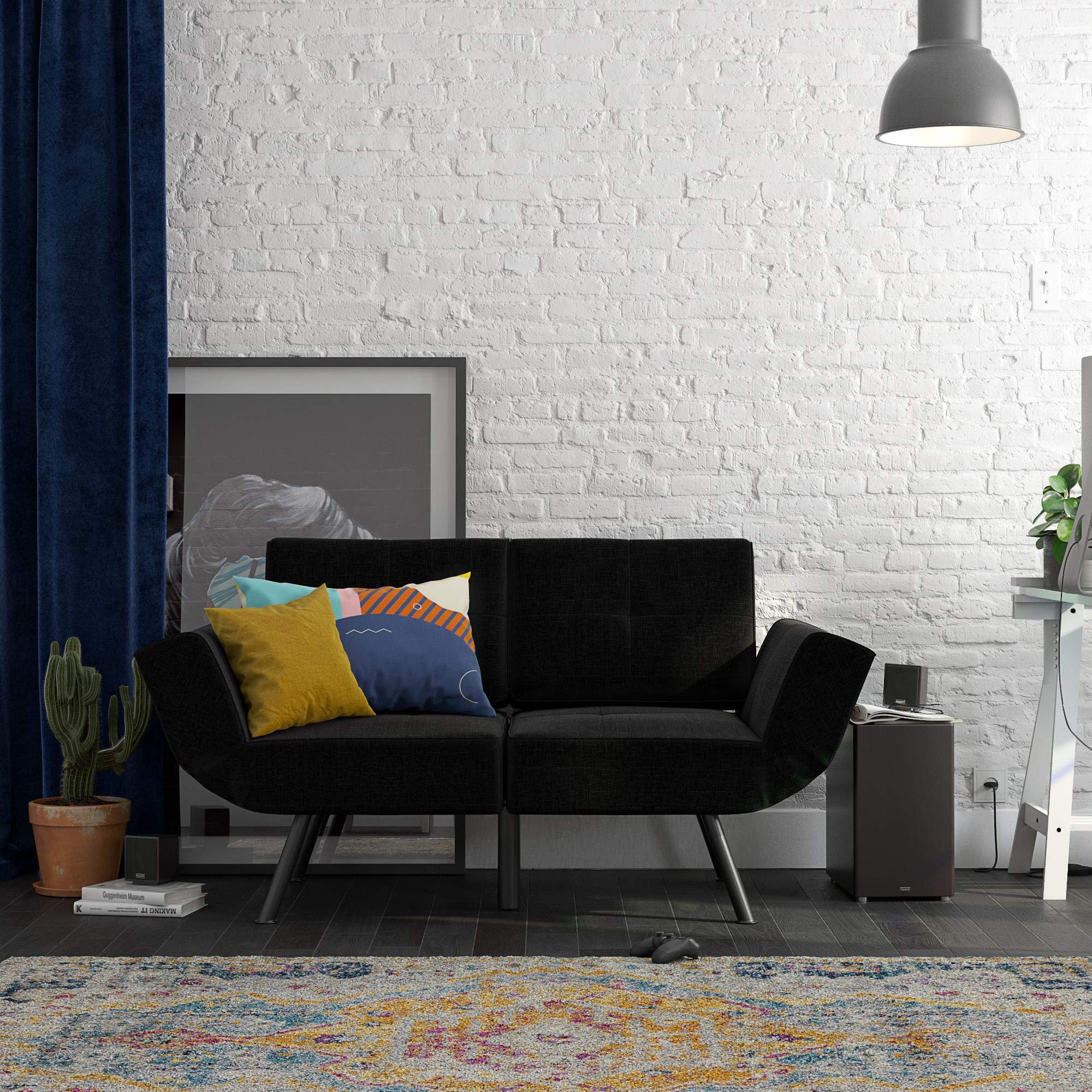 REALROOMS Euro Upholstered Tufted Loveseat Futon with Storage Pockets, Dark Gray Linen