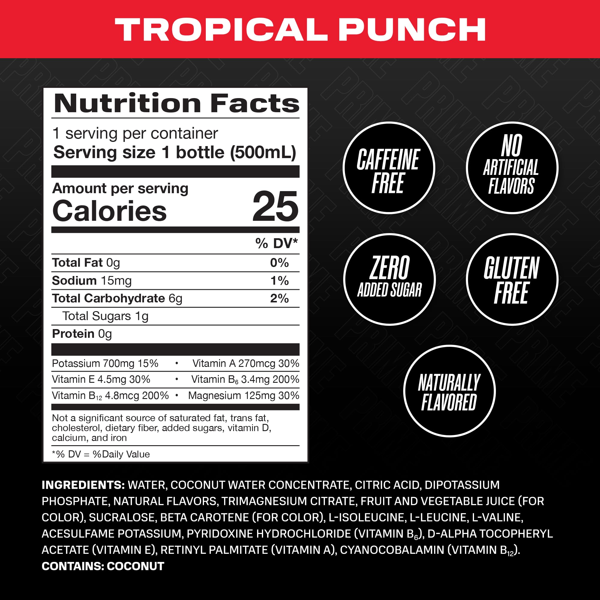 PRIME Hydration TROPICAL PUNCH | Sports Drinks | Electrolyte Enhanced for Ultimate Hydration | 250mg BCAAs | B Vitamins | Antioxidants | 2g Of Sugar | 16.9 Fluid Ounce | 12 Pack