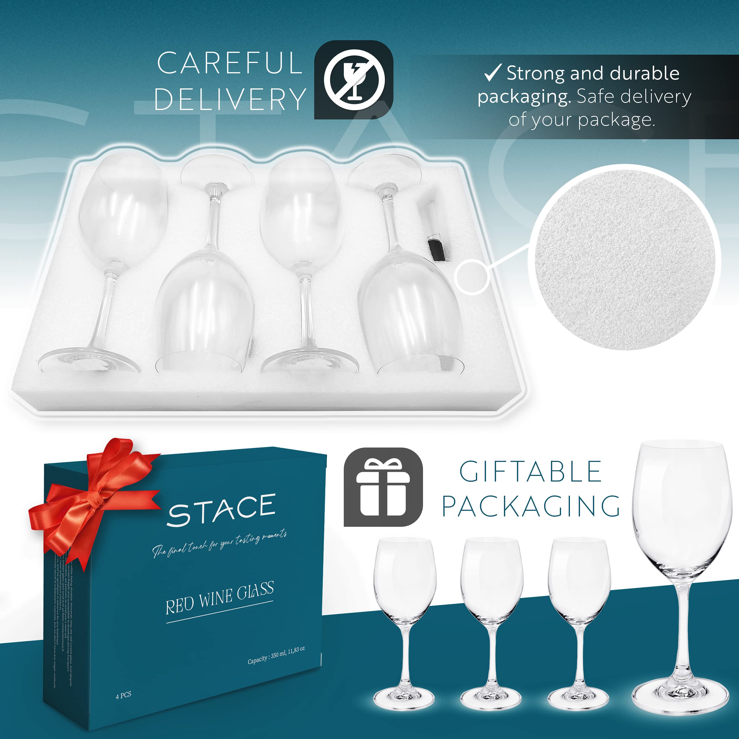 Stace Red Wine Glasses Set of 4 - Premium Crystal Glasses - Italian Style Bordeaux Wine Glass - Great Gift Packaging