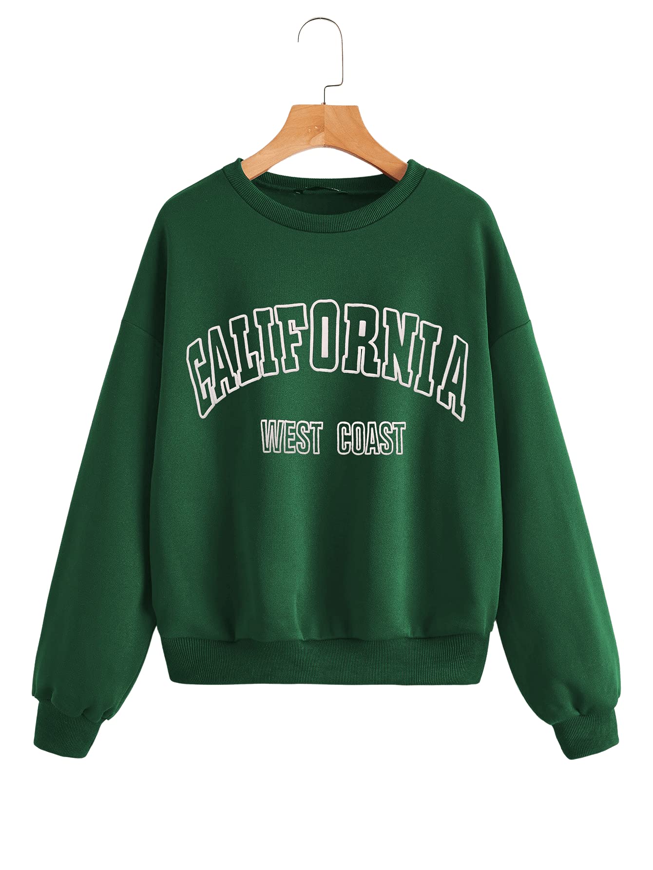 WDIRARA Women's Letter Graphic Print Round Neck Long Sleeve Sweatshirt Top Deep Green L
