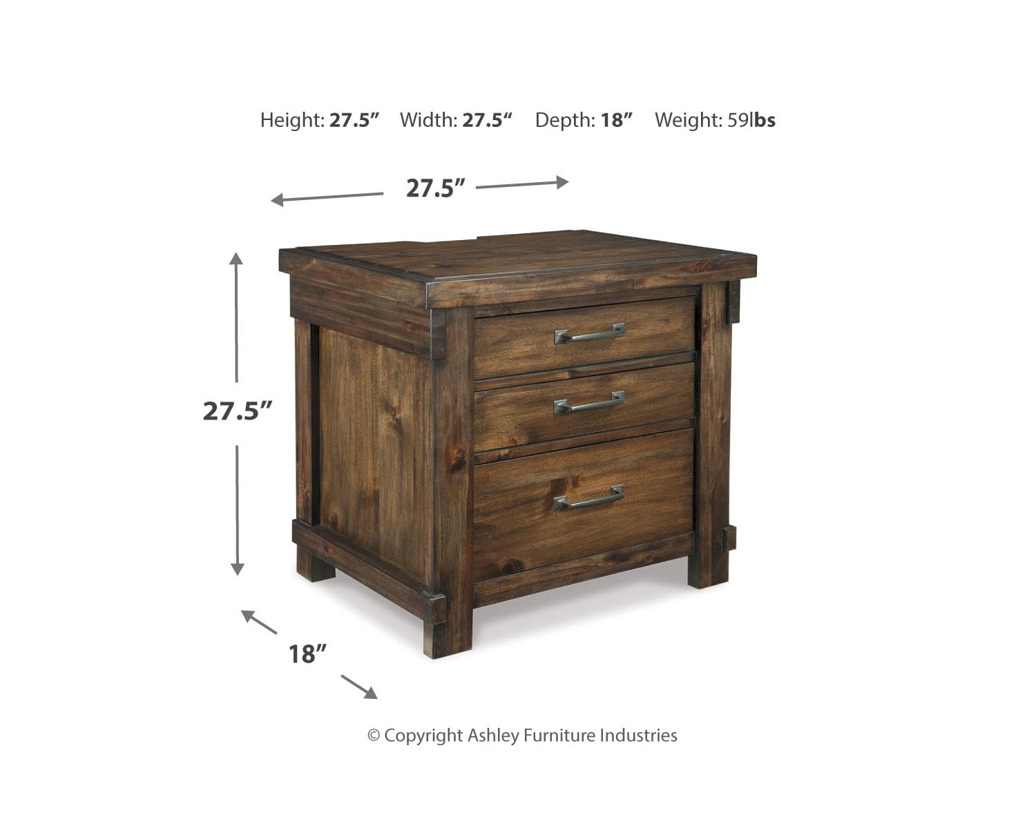 Signature Design by Ashley Lakeleigh Rustic Industrial 3 Drawer Nightstand with 2 Electrical Outlets, 2 USB Charging Stations, Dark Brown Wood Tone