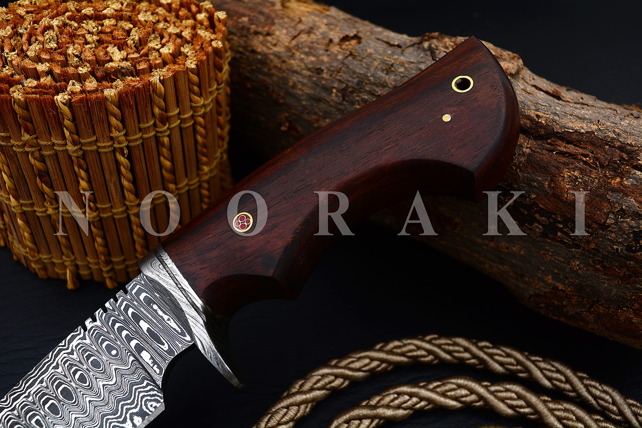 SBK162 Custom Handmade Damascus Steel Knife - Full Tang Rosewood Handle, with Leather Sheath 10inches