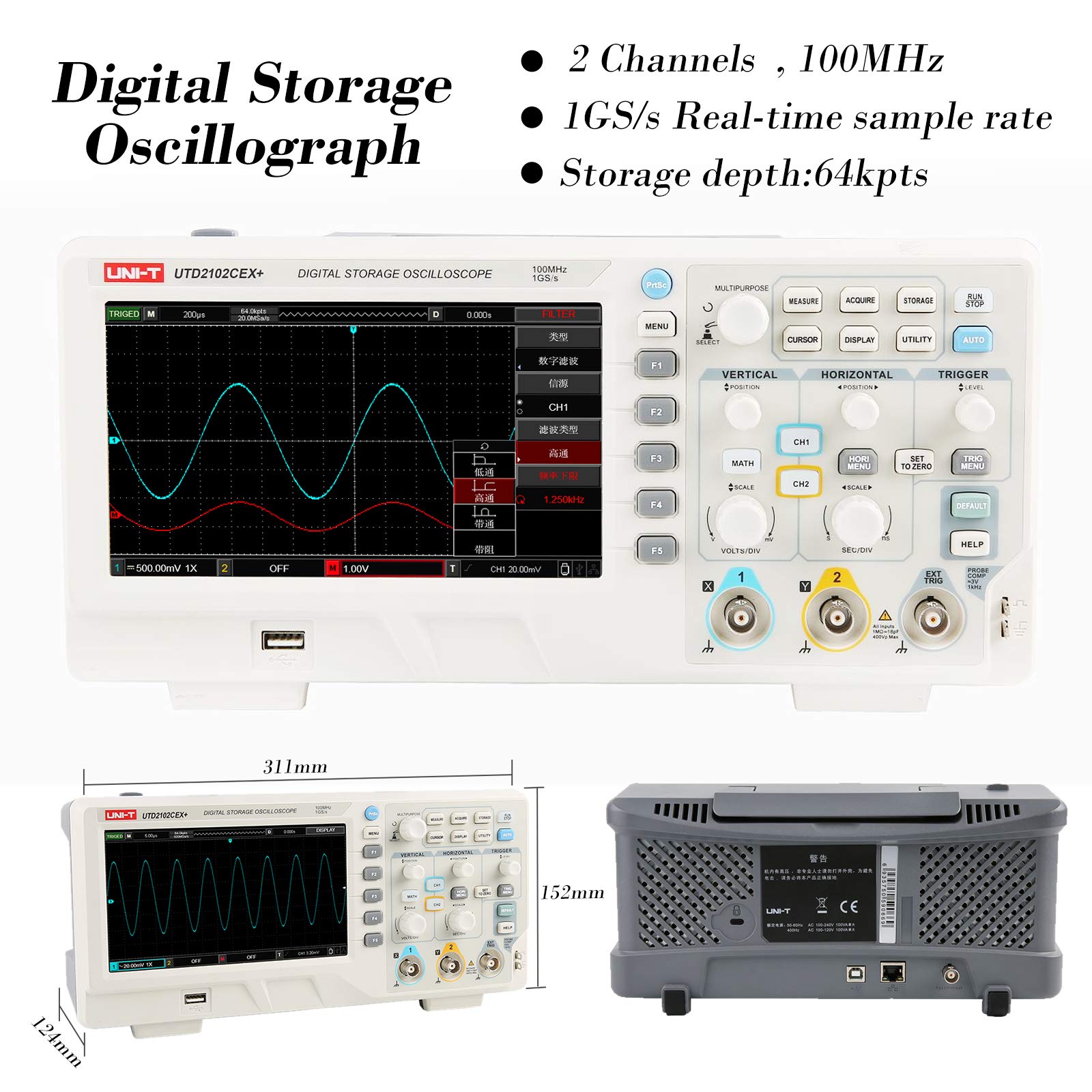 UNI-T UTD2102CEX+ High-Precision 100MHz Desktop Digital Storage Oscilloscope for Laboratory and Electronic Repair Waveform Tester