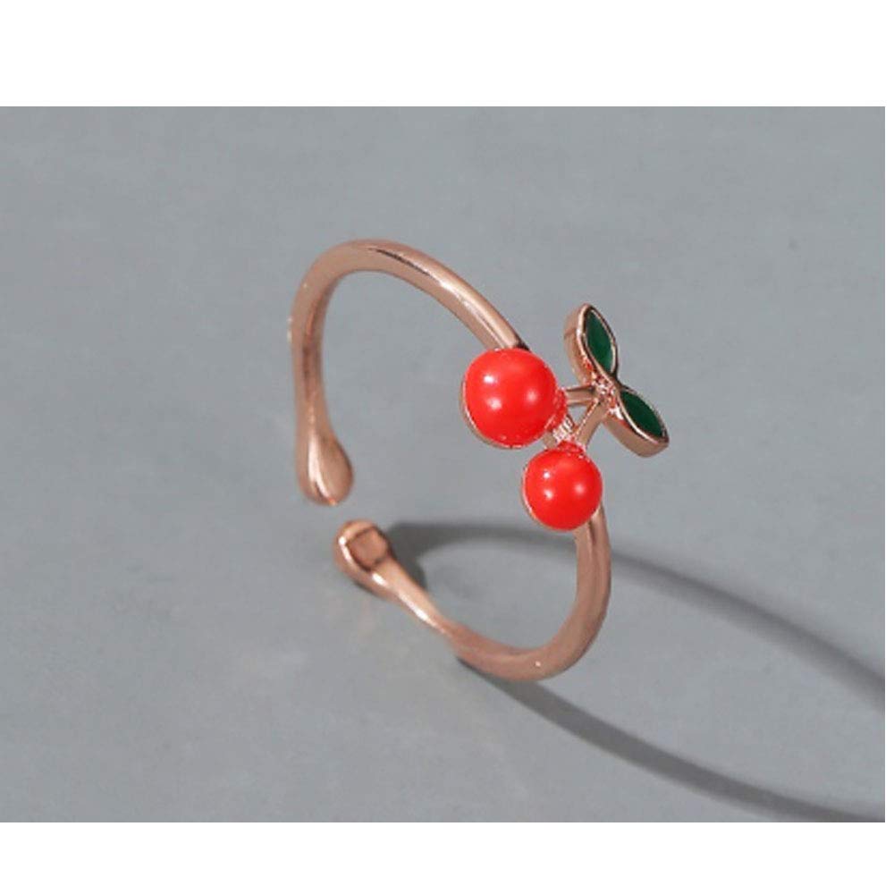 Tafeily Cute Red Cherry Ring Open Ring Band Ring Stacking Rings Adjustable Cherry Fruit Ring for Woman Girls (A)