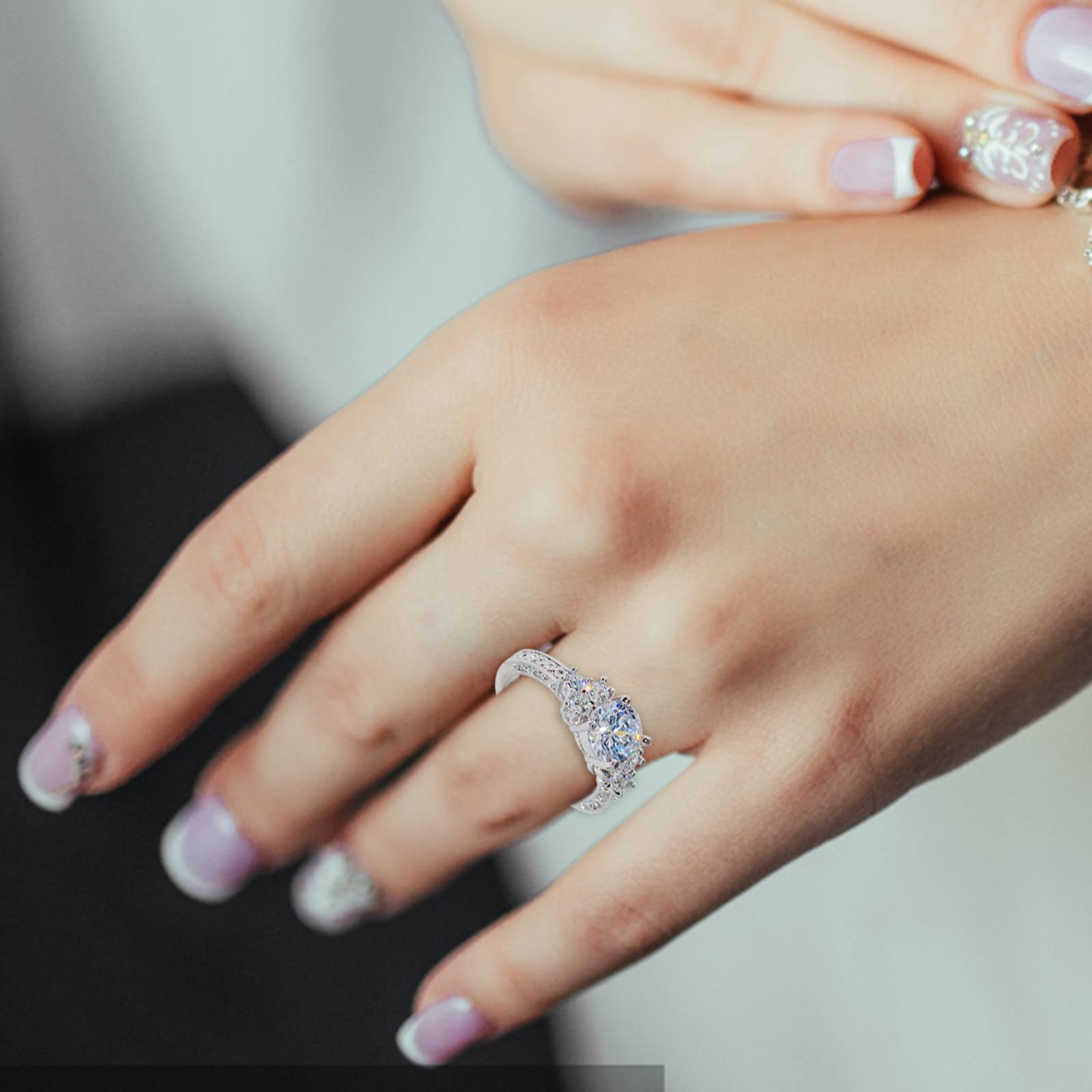 Silver Gemstone Luxury Birthstone Bride Engagement Wedding Ring Women's Retro Square Cut Diamond Ring