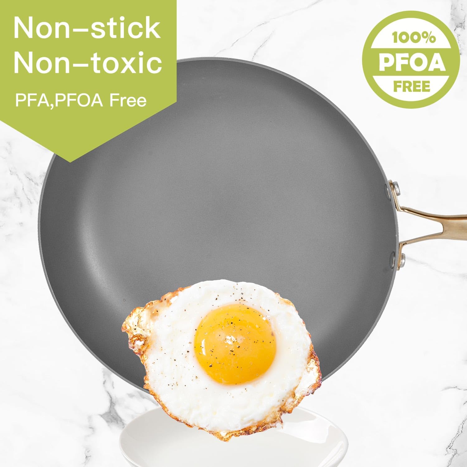 Nonstick Pots and Pans Set, Non Stick 9 Pieces Kitchen Cookware, Cooking Skillets Include Frying Pan with Lid, Saucepan, Casserole, Spoon, Turner Spatula, PFOA Free for Induction, White & Gold