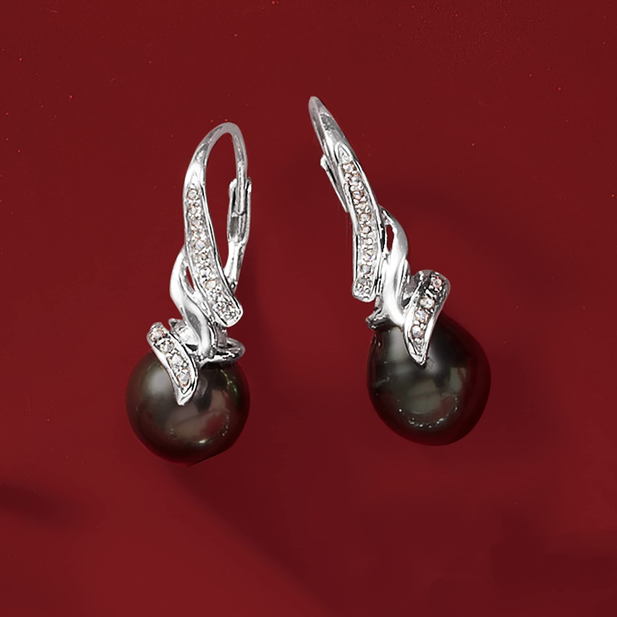 Ross-Simons 9-9.5mm Black Cultured Tahitian Pearl Drop Earrings With Diamond Accents in Sterling Silver