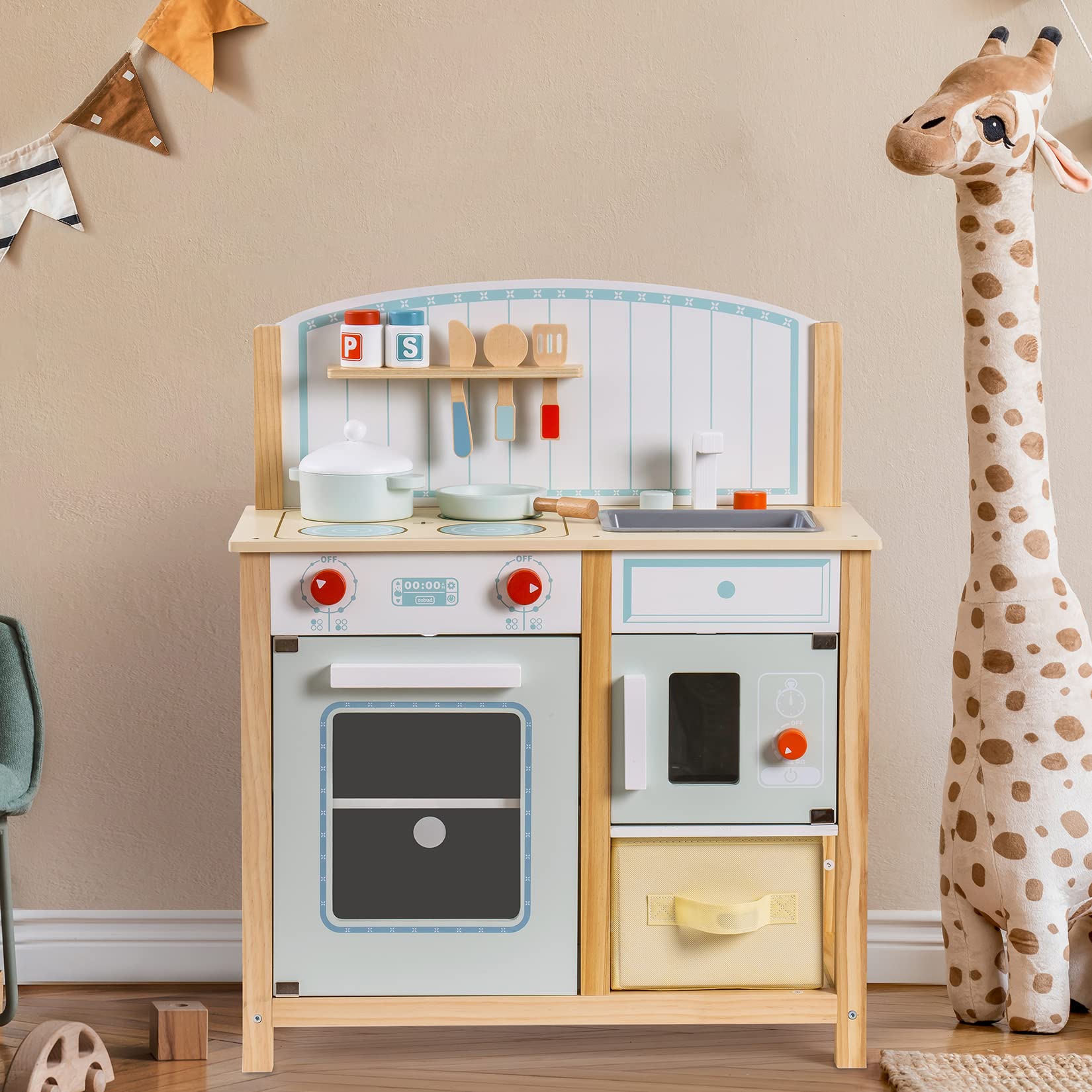 ROBOTIME Wooden Kitchen Playset for Toddlers Girls Kids Play Kitchen with Storage Bin,Pretend Play Toy Kitchen for Kids Ages 3+(Blue)