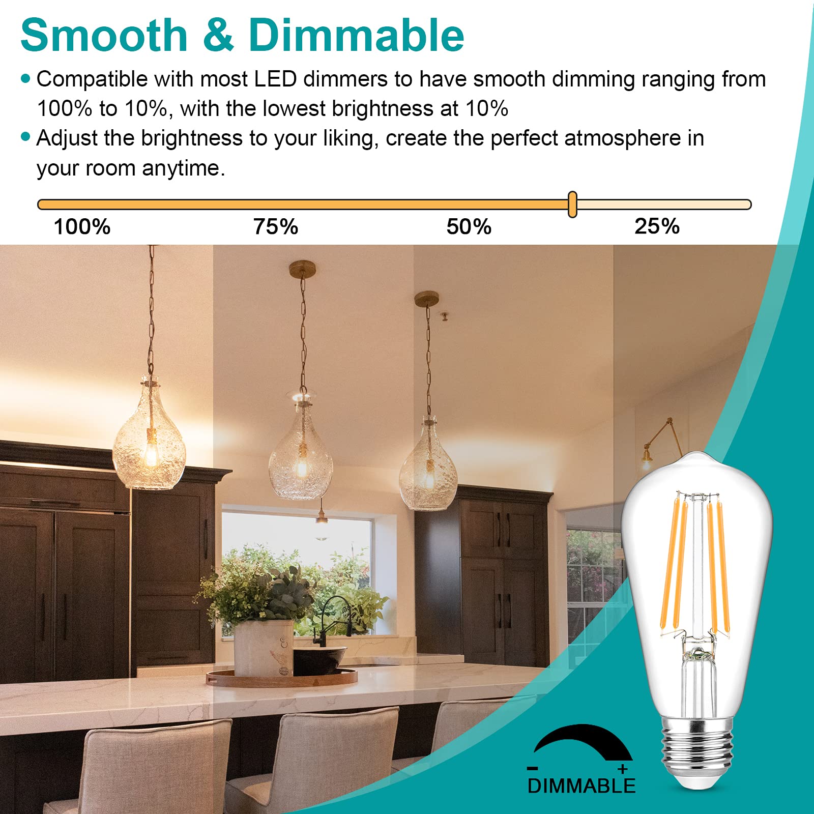 Unicozin Vintage LED Light Bulbs, Dimmable, 6W Equivalent 60W, ST58 Edison LED Bulb, Warm White 2700K, High CRI 95+, E26 Base, LED Filament Bulbs, 4 Count
