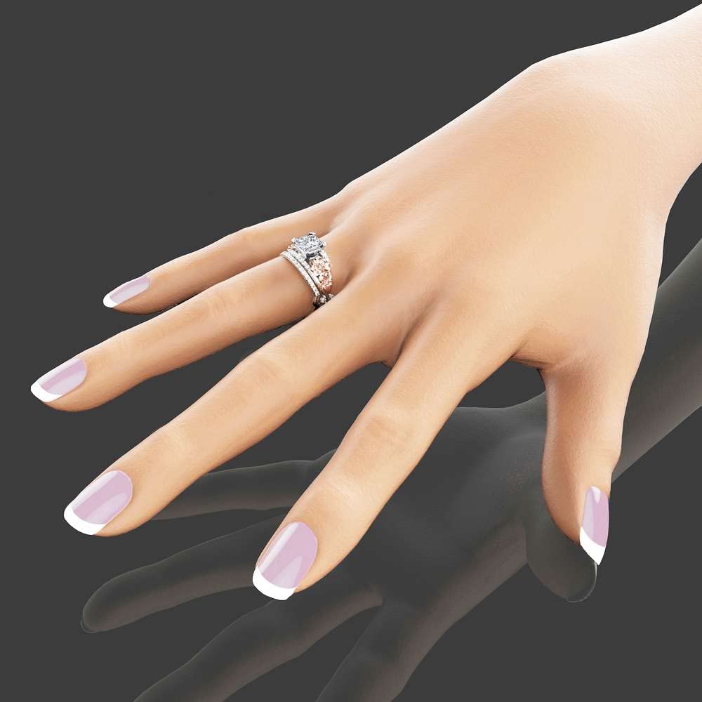 Sunargi 3 Ct Princess Cut White Diamond Two Tone Floral Wedding Engagement Ring Set with Matching Band for Unisex 925 Sterling Silver White & Rose Gold Finish (Silver, 7.5)