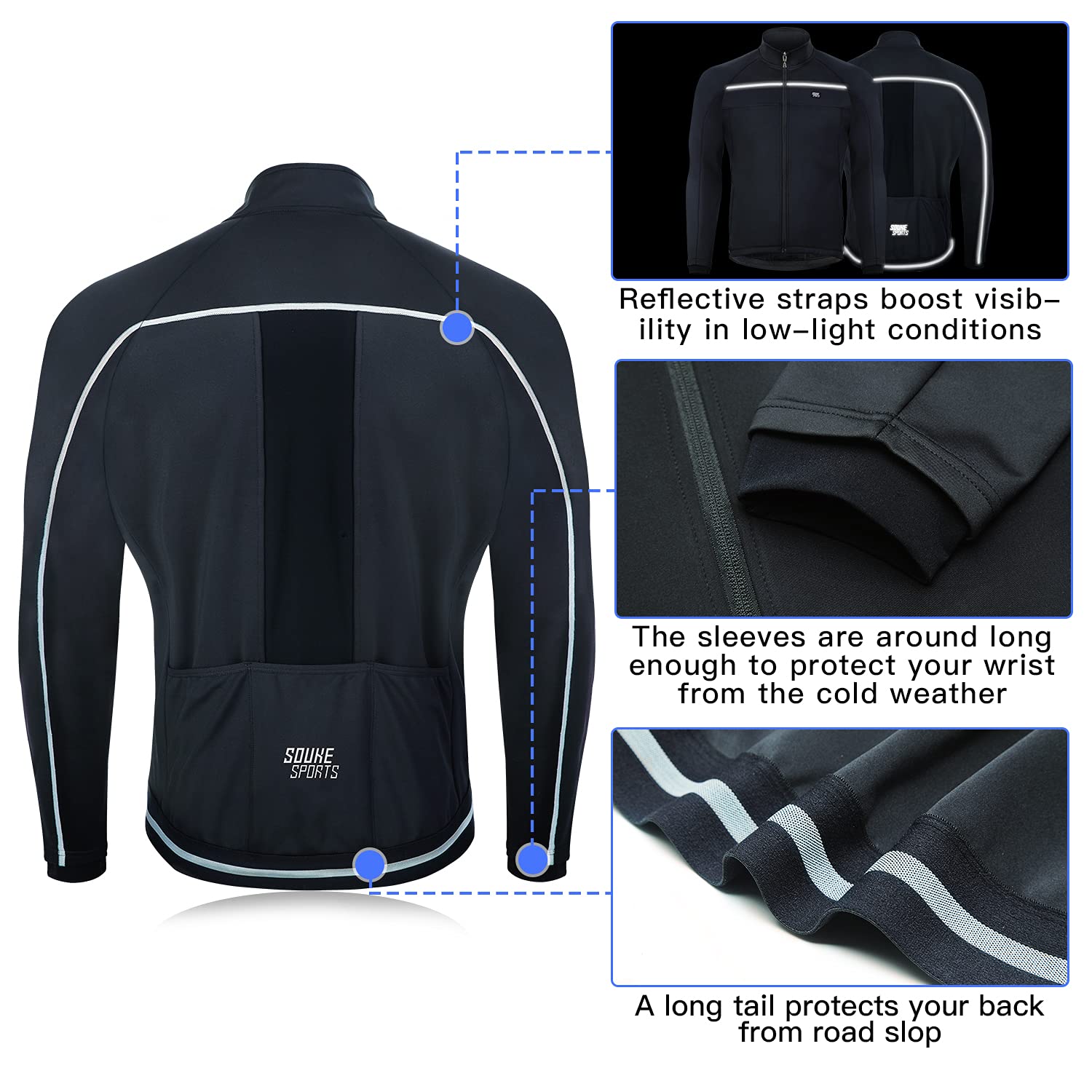 Souke Sports Men’s Winter Warm Cycling Jacket Windproof Running Water Resistant Thermal Breathable Softshell Windbreaker Reflective for Bike Riding Black(Black,Medium