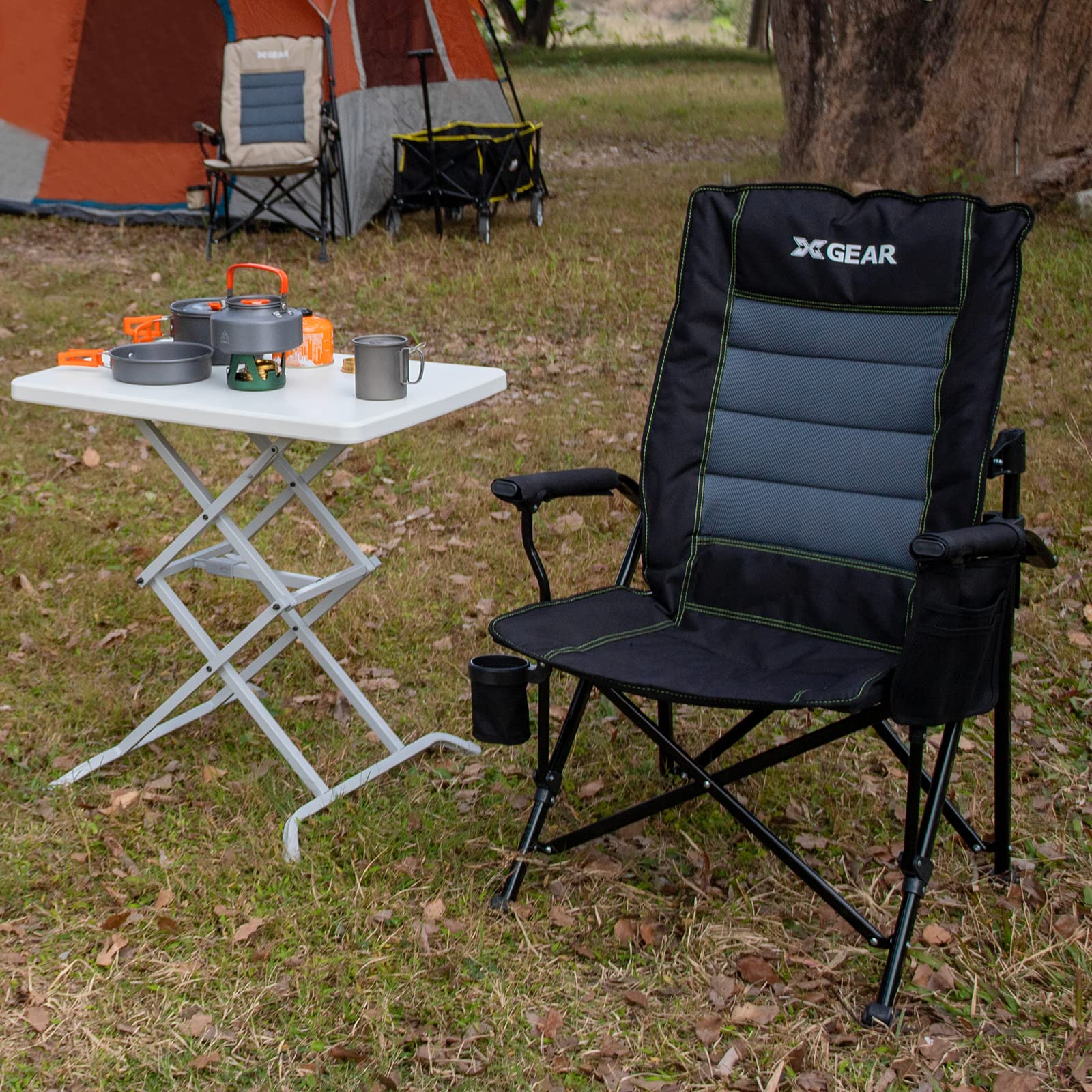 XGEAR Large Sized Hard Arm Adjustable Back Camping Chair Padding Chair (Black)