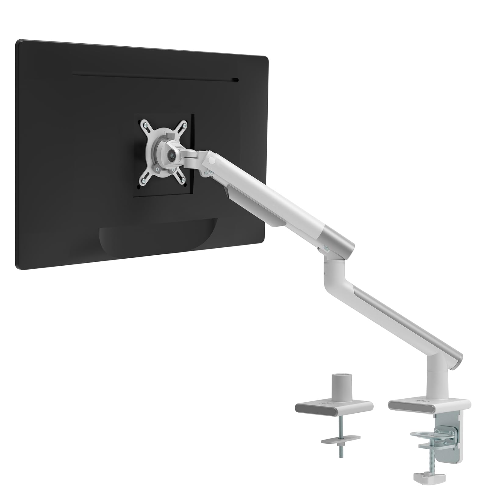 WALI Single White Monitor Mount Arm Stand, Fully Adjustable, Mechanical Spring Tension Indicator, Bracket with Clamp, Display Up to 32 inch, 22lbs Weight Capacity (MATI001-W), White