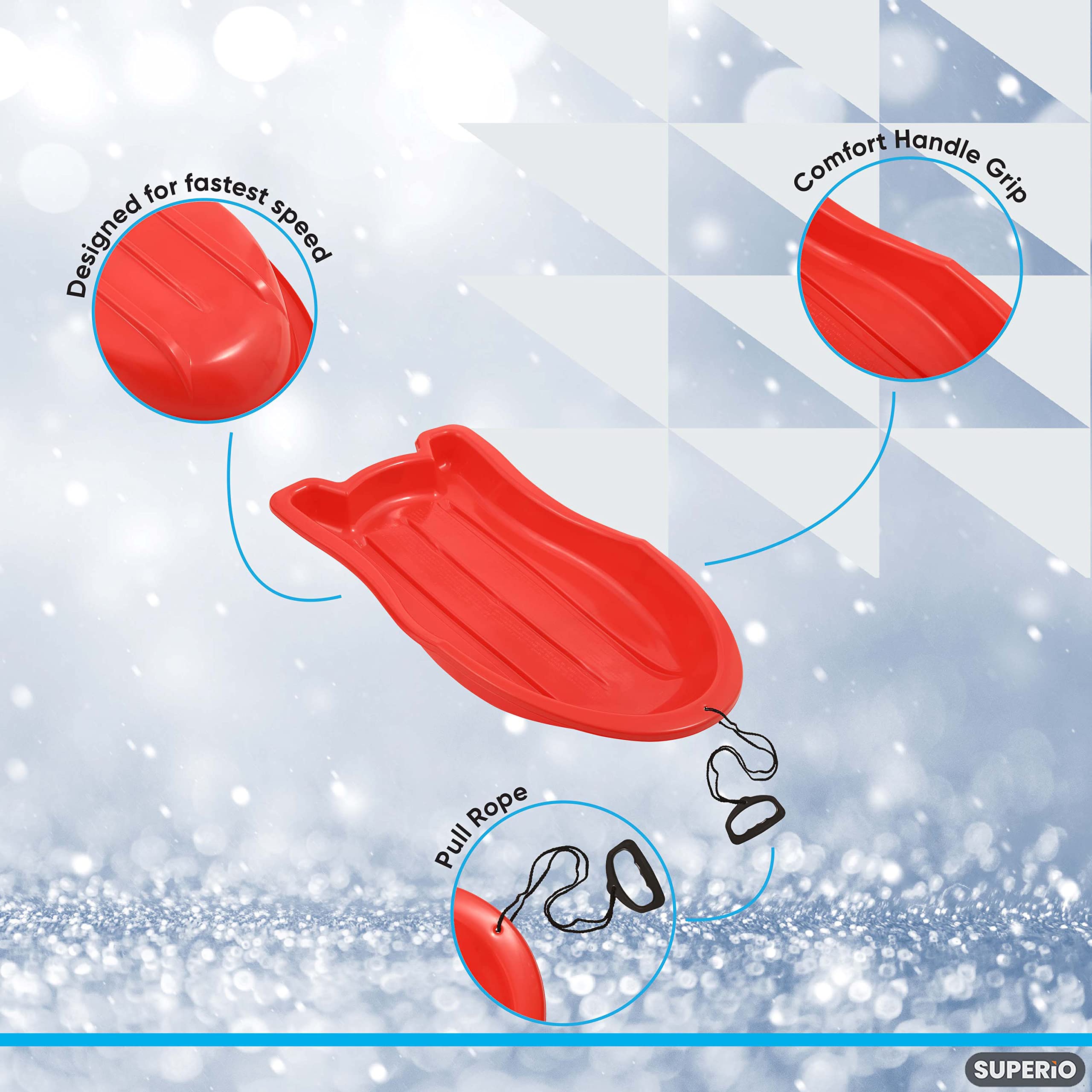 Superio Pack of 2 Toboggan Snow Sleds for Kids and Adults, 37" Plastic Sleds with Pull Ropes and Handles (Red-Blue)