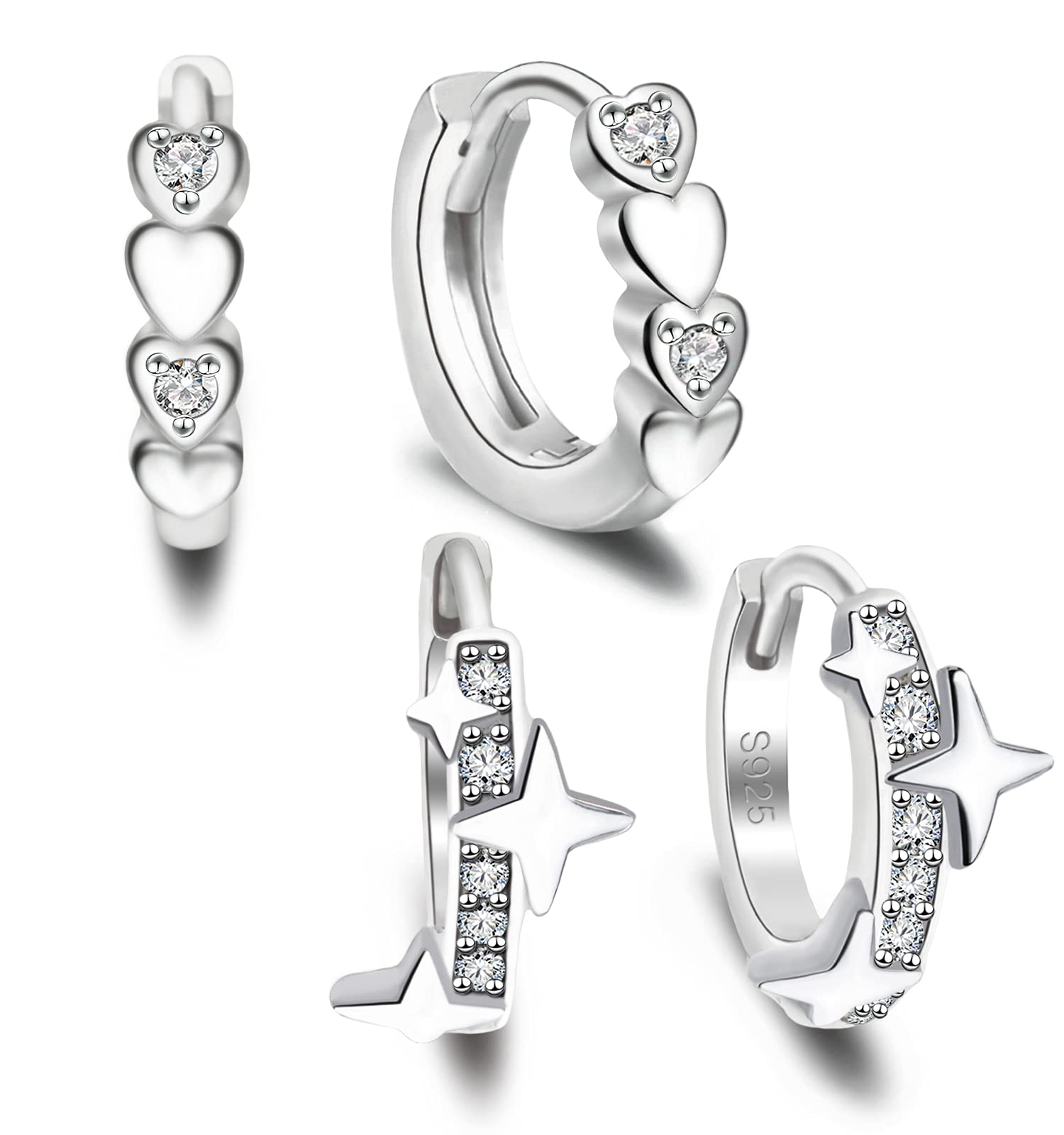 Silver Hoop Earrings Set for Women Sterlings Silver Hypoallergenic Star Earrings Heart Hoop Earrings Danity Cubic Zirconia Cartilage Huggie Hoop Earrings Set for Her Gifts for Birthday Christmas