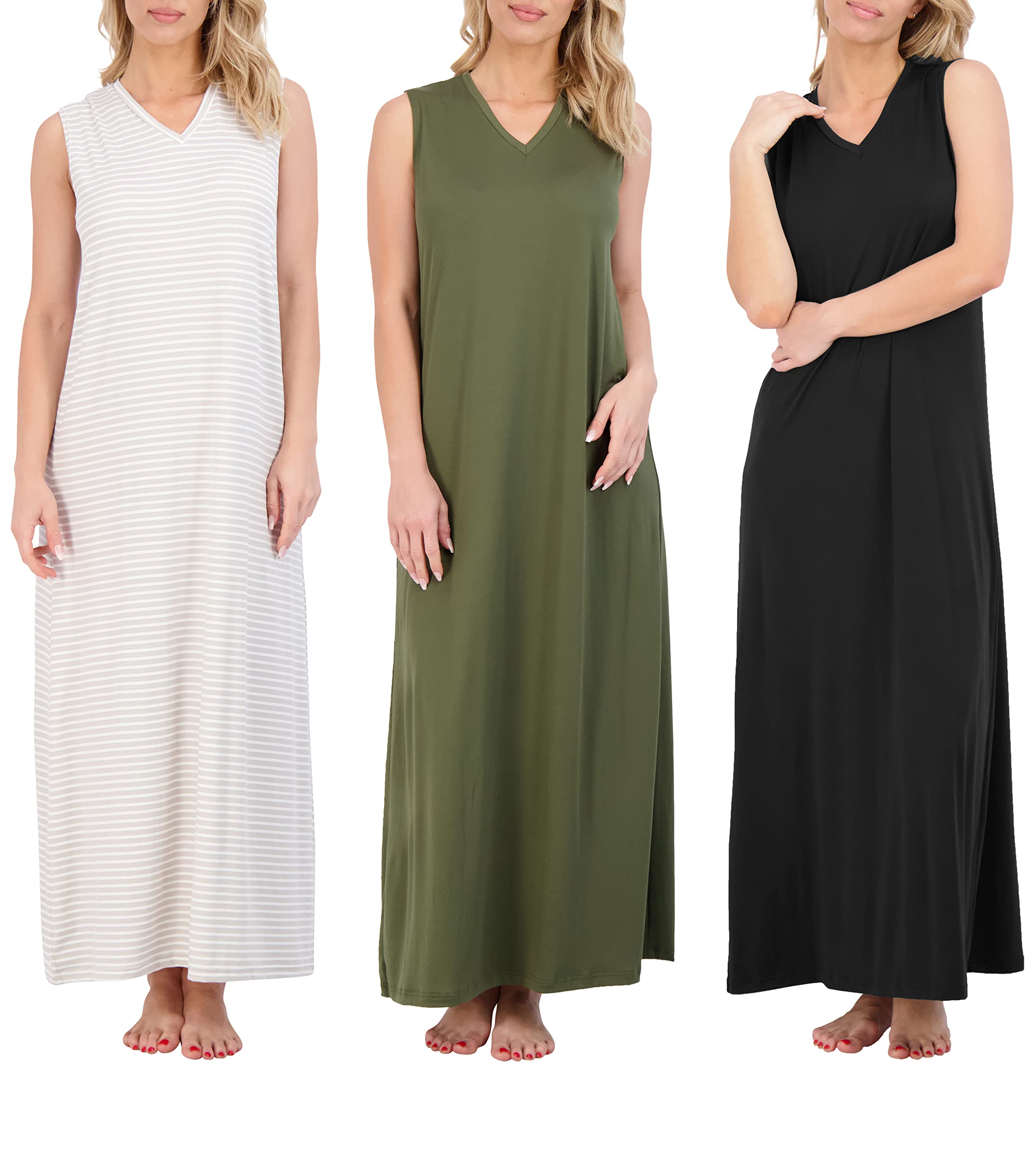 Real Essentials 3 Pack: Womens Sleeveless Tank V-Neck Adult Nightgown Long Soft Nightshirt Women Night Gowns Nightdress Sleep Lounge Dress Sleepwear Pajama PJs sleeping Ladies PJ Chemise - Set 4, L