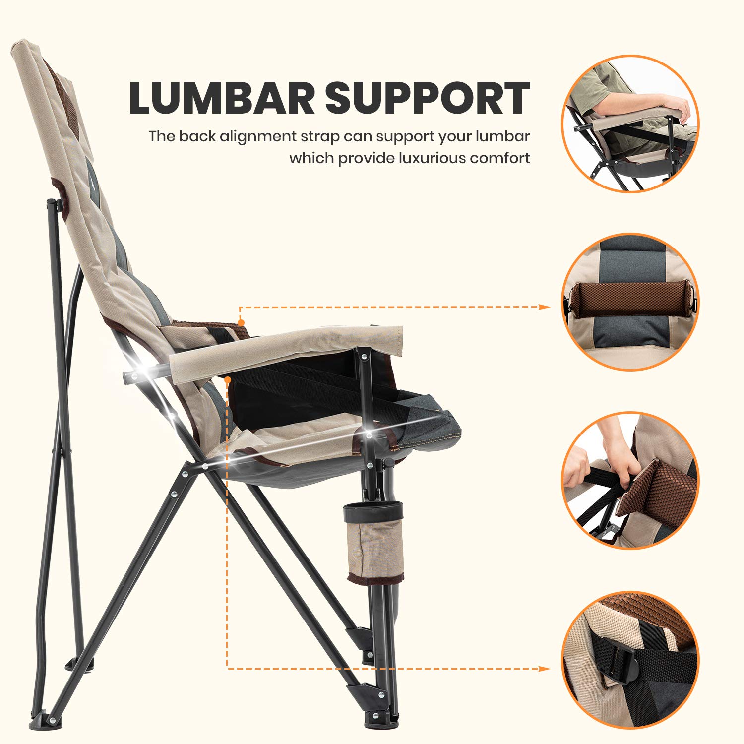 XGEAR Outdoor Lumbar Support Camping Chair Padded Lawn Chair Folding Chair
