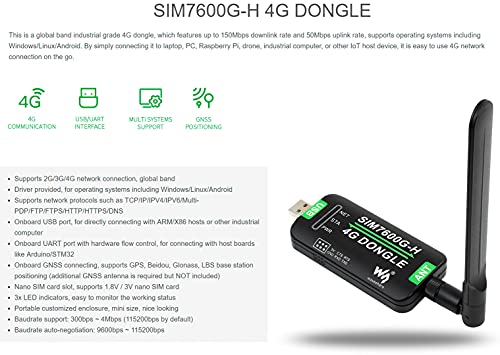 SIM7600G-H 4G DONGLE with Antenna,USB/UART Communication,Support 2G/3G/4G Connectiona GNSS Positioning up to 150Mbps Downlink for Raspberry Pi/Laptop/PC/Drone/Industrial Computer